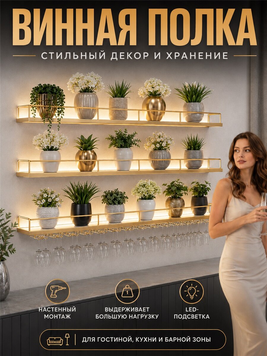 Винная полка настенная с LED-подсветкой и держателями бокалов, выдерживает большую нагрузку, подходит для хранения растений и декора в кухне, гостиной и барной зоне