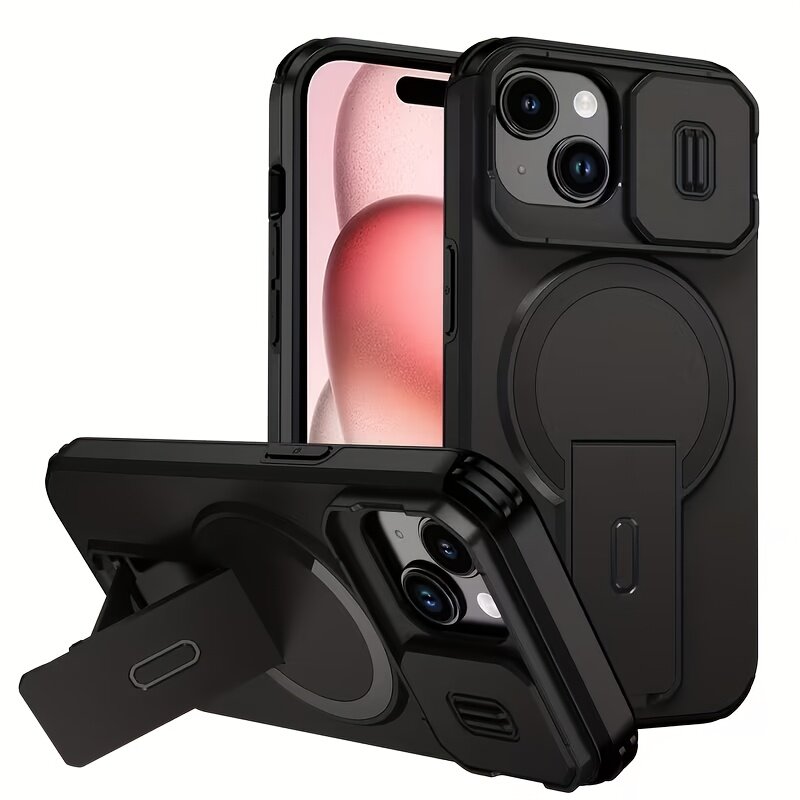 Чехол для iPhone 15 с выдвижной защитой камеры, всесторонняя защита, подставка, черный