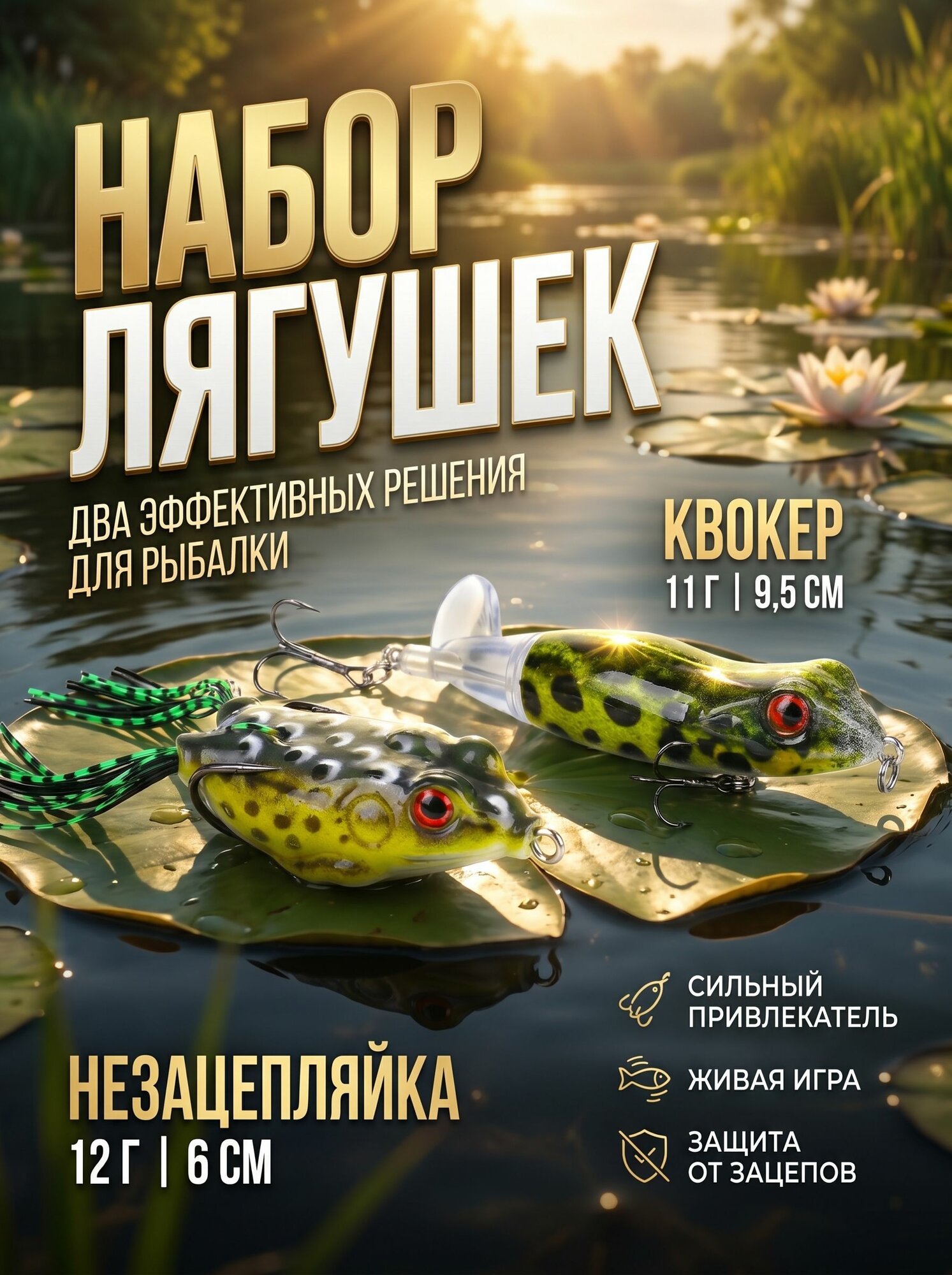 Набор рыболовных приманок: воблер квокер и лягушка незацепляйка, 2 шт, без кейса.
