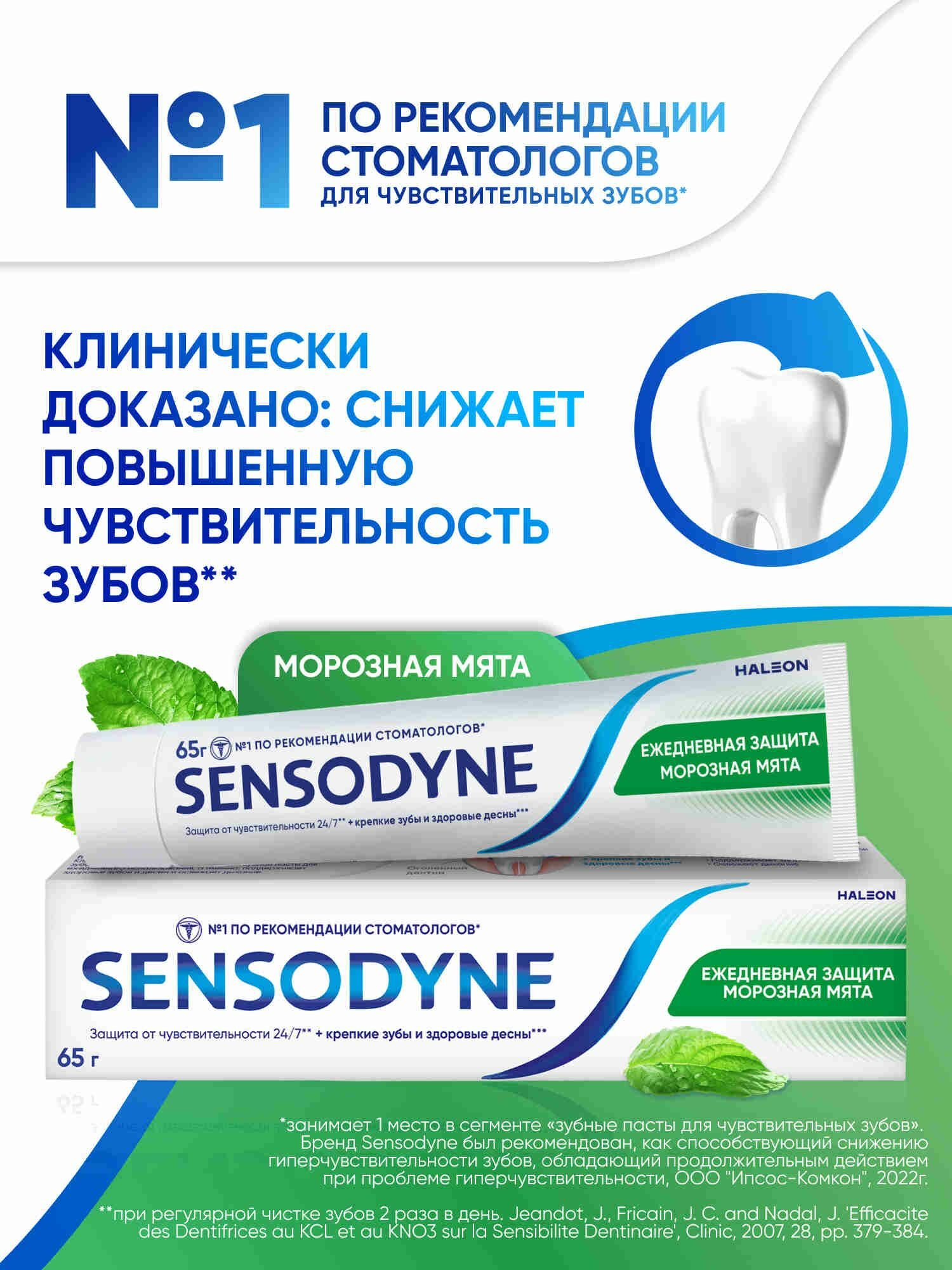 Зубная паста Sensodyne Ежедневная защита Морозная мята, для чувствительных зубов, с фтором, 65 г