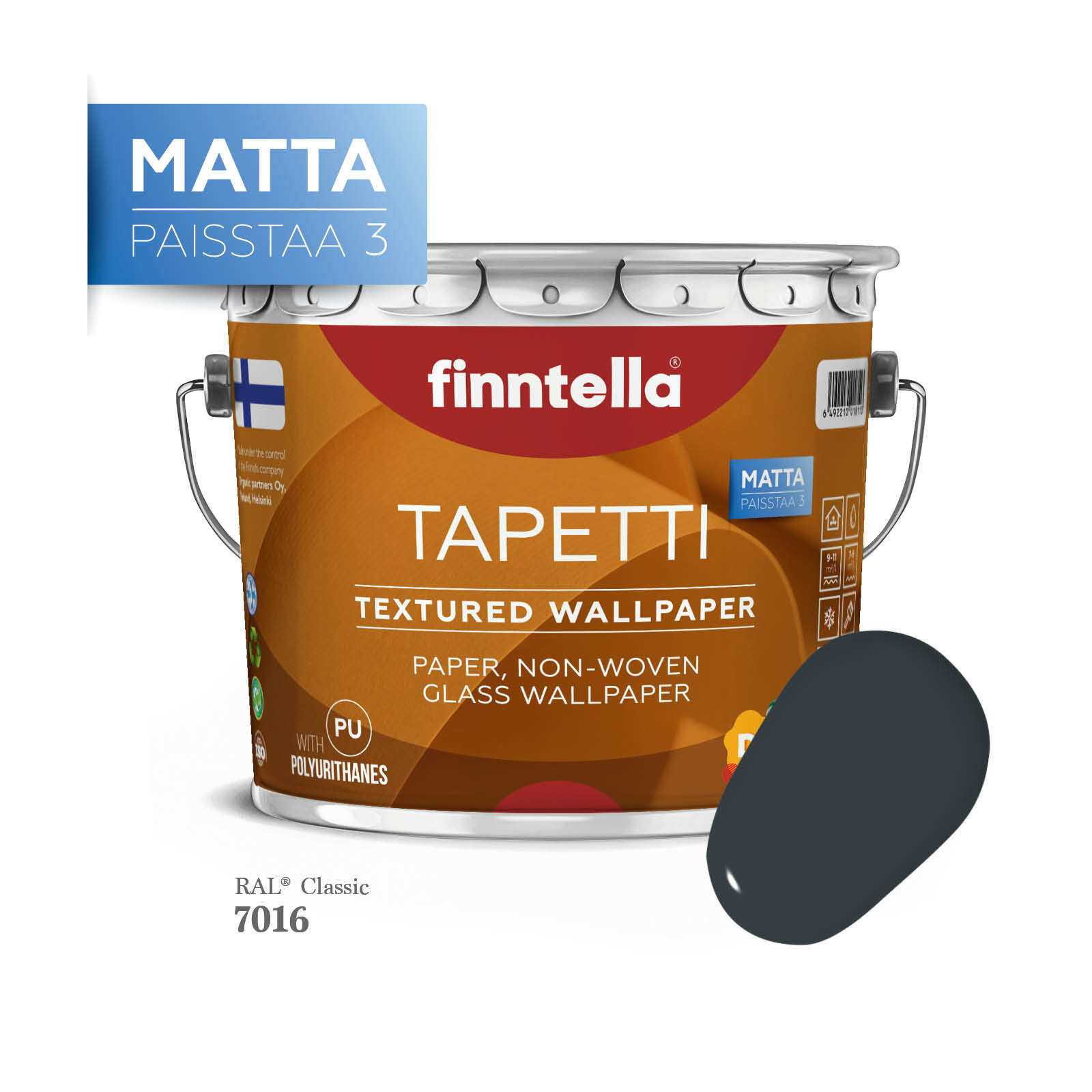 Матовая краска для обоев под окраску TAPETTI Matta FINNTELLA, Цвет RAL 7016 Антрацитово-серый (Anthracite grey), 2,7л
