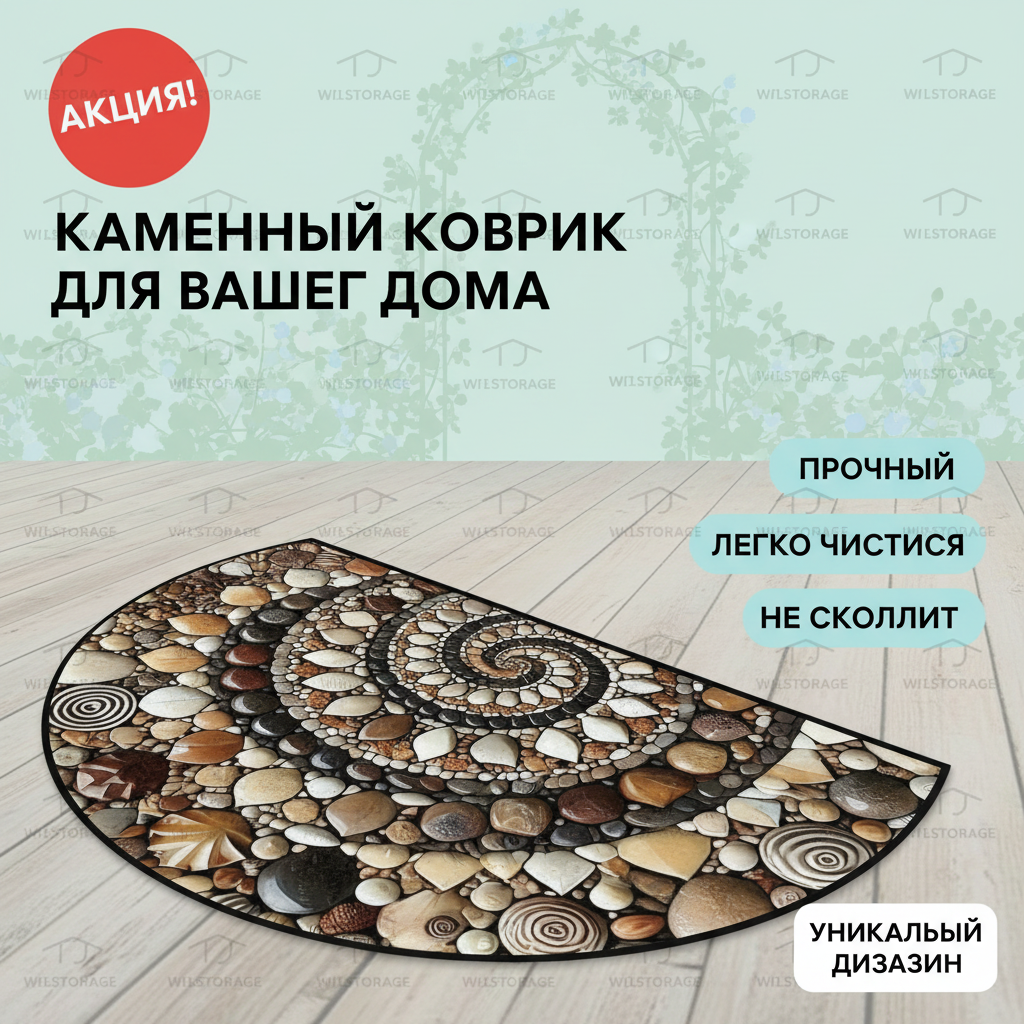 Коврик входной полукруглый 50x80 см полиэстер рисунок натуральный камень износостойкий ПВХ низ