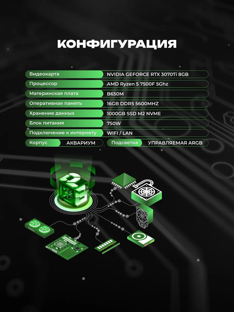 Системный блок мощный ПК, NVIDIA GeForce RTX 3070 TI, AMD Ryzen 5 7500F, DDR5 16 ГБ, SSD 1 ТБ — фото 1