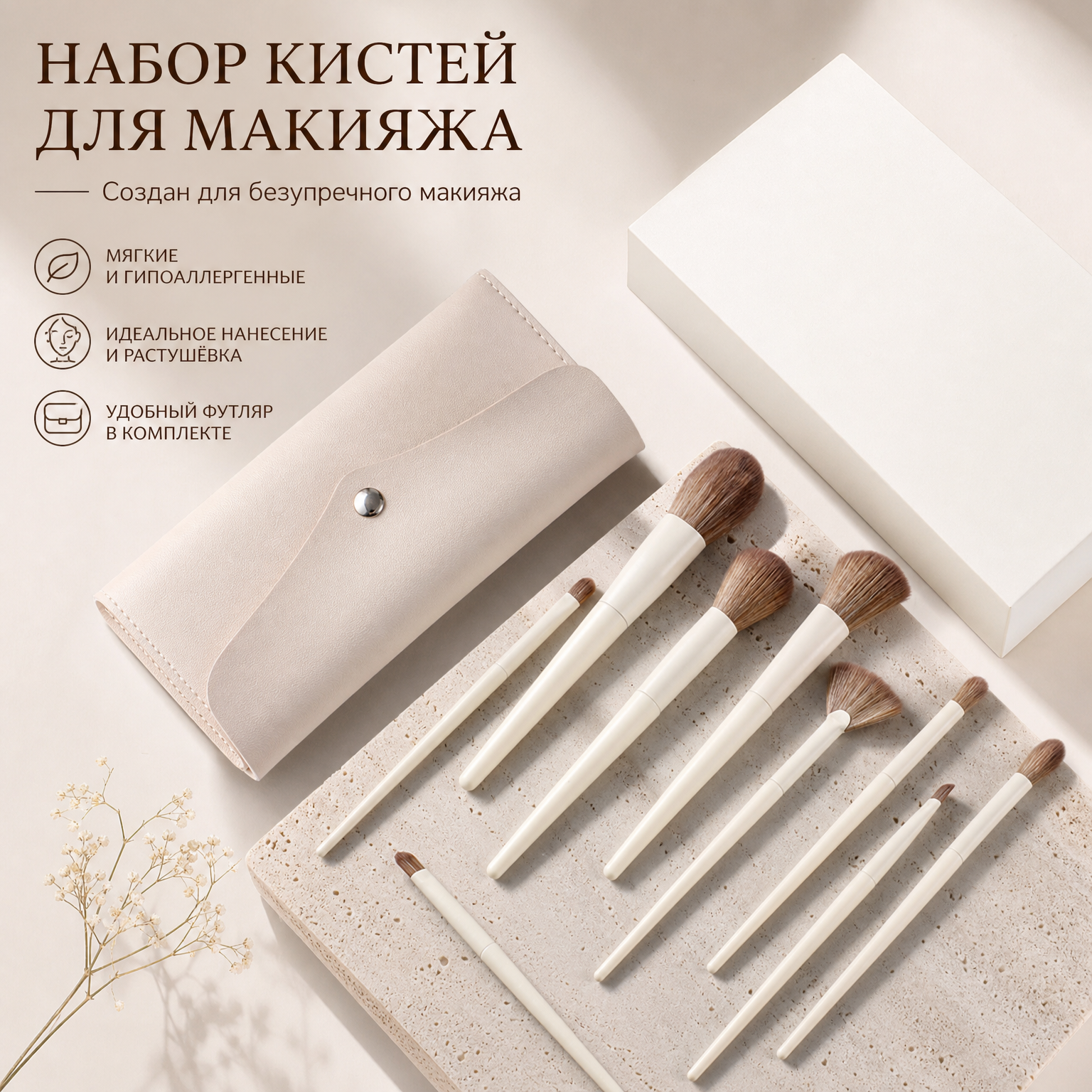 Набор профессиональных кистей для макияжа Store 71, 8 шт с искусственным ворсом в чехле (Цвет товара: серый)