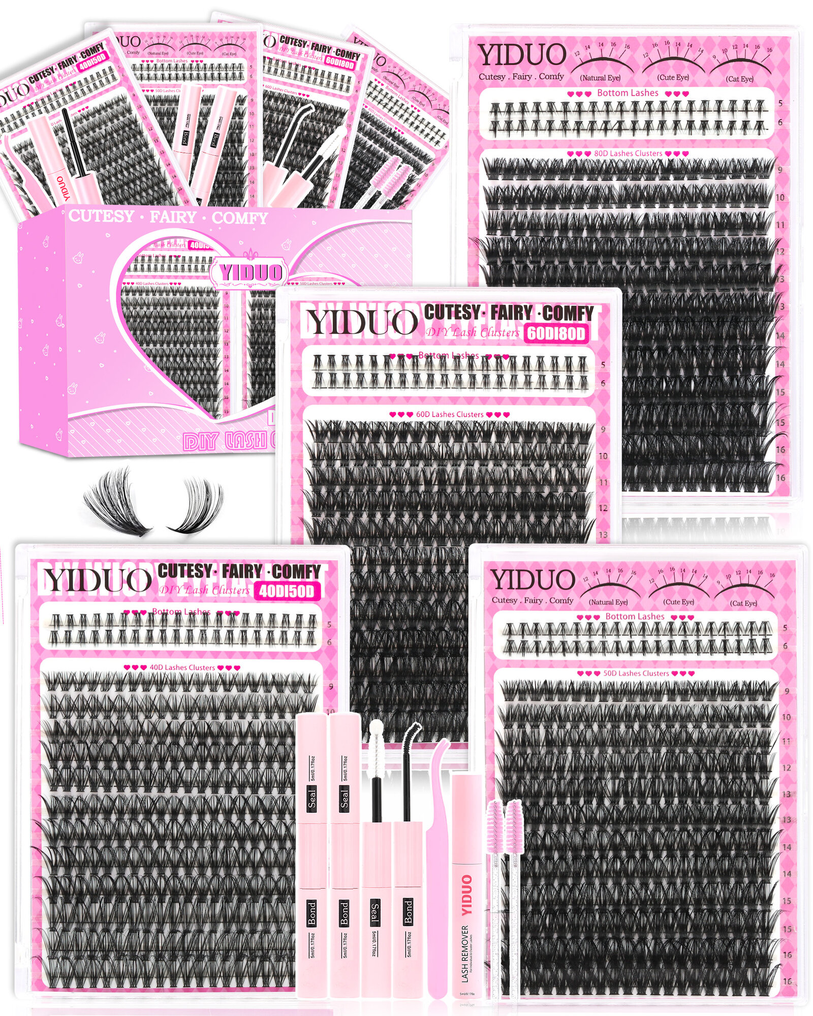 YIDUO Набор пучковых ресниц, 1120 шт, 40D/50D/60D/80D, изгиб D, длина 9-16 мм, с нижними ресницами, тонкая мягкая лента, 2 флакона клея и герметика, для самостоятельного наращивания с клеем и герметиком для наращивания ресниц
