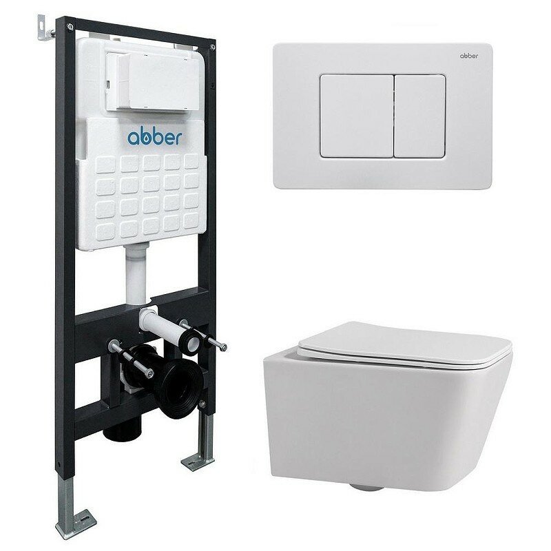 Комплект унитаза Abber Rechteck AC1201-AC0105-AC0120MW с сиденьем Микролифт и клавишей смыва цвет Белая матовая