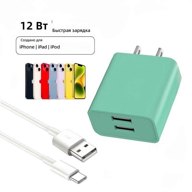 Двухпортовое USB-зарядное устройство 12W с кабелем Type-C 1 м, зеленый, для iPhone/iPad/iPod, подходит для iPhone 15/14/13, iPad Pro, AirPods