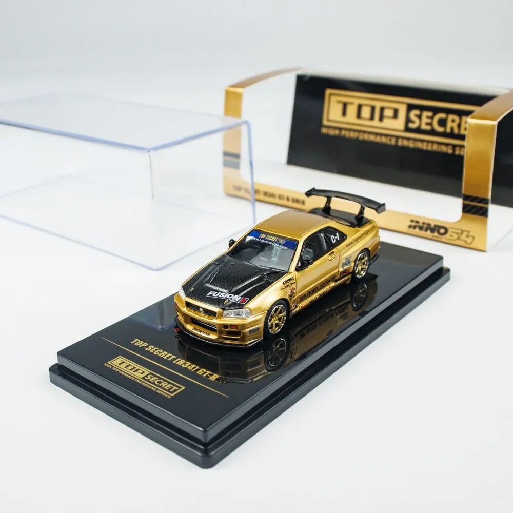 МашинкаINNO 1/64 TOP SECRET NIssan R34 GT-R Gold Die-cast Alloy Car Model Collection Gift