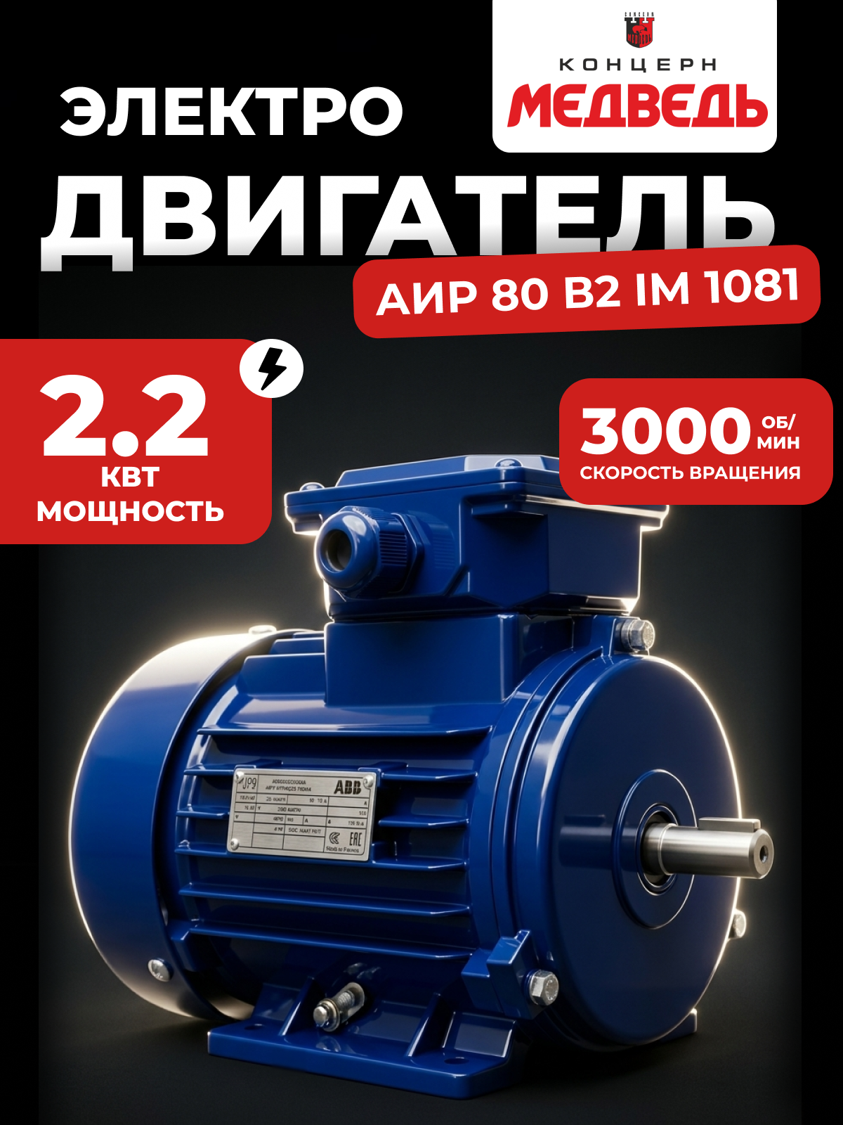 Электродвигатель АИР 80 В2 2,2 кВт 3000 об/мин IM 1081