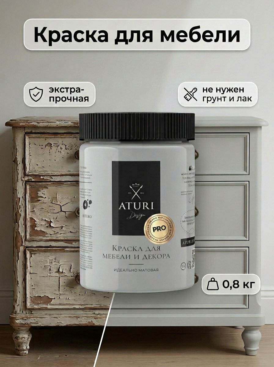 Экстра-прочная матовая краска для мебели Aturi Design PRO 0,8 кг без запаха, быстросохнущая Нежный пепел светло-серая