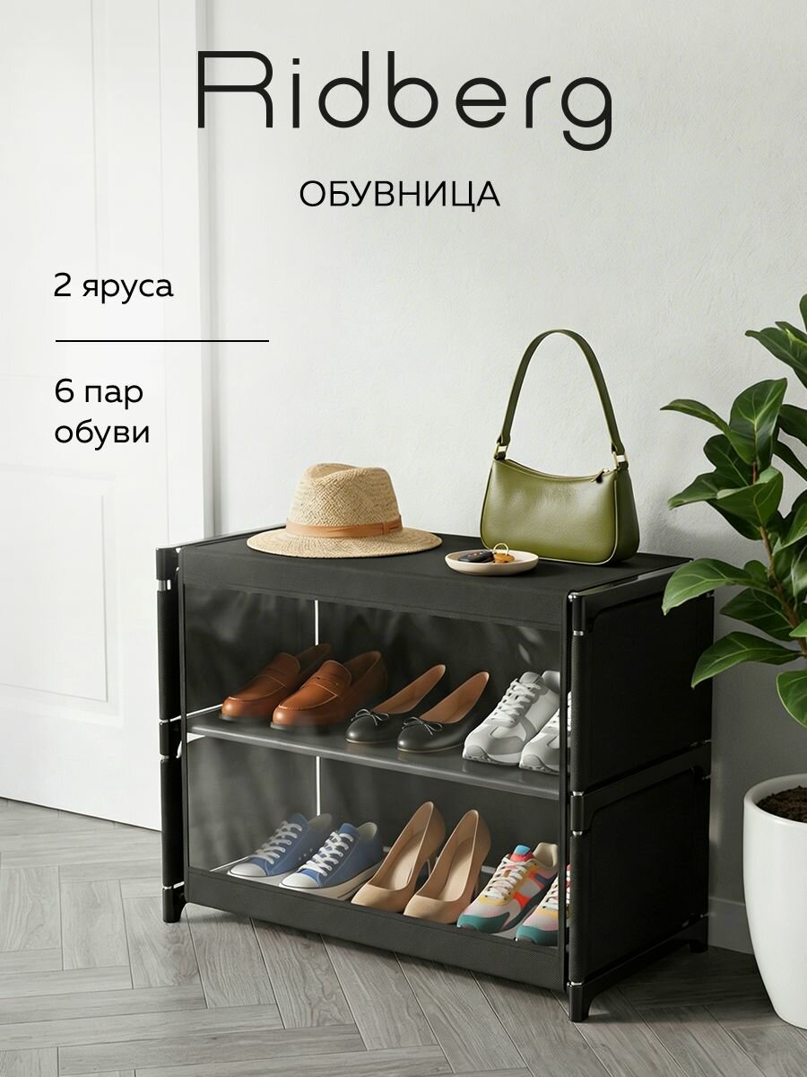 Обувница с дверкой Ridberg 3 полки (Black) черная 3-полочная