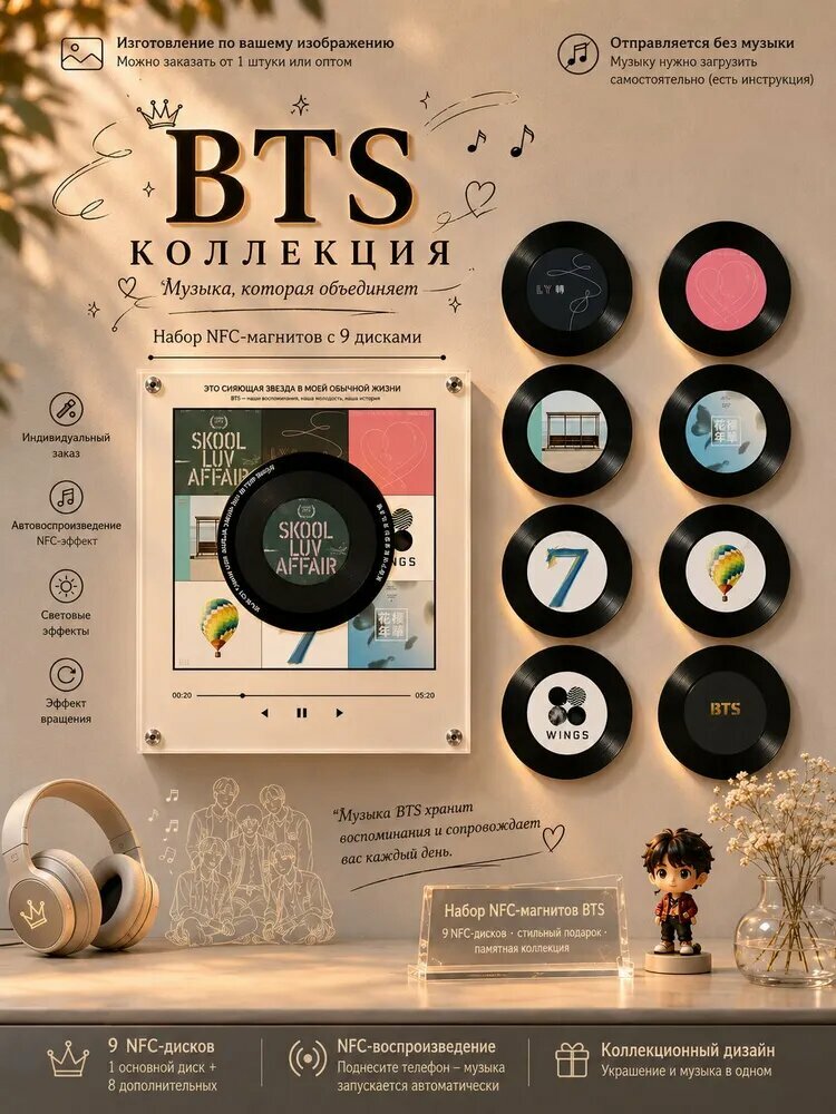 Магнитный виниловый проигрыватель BTS, музыкальный плеер с дисками, декор для дома