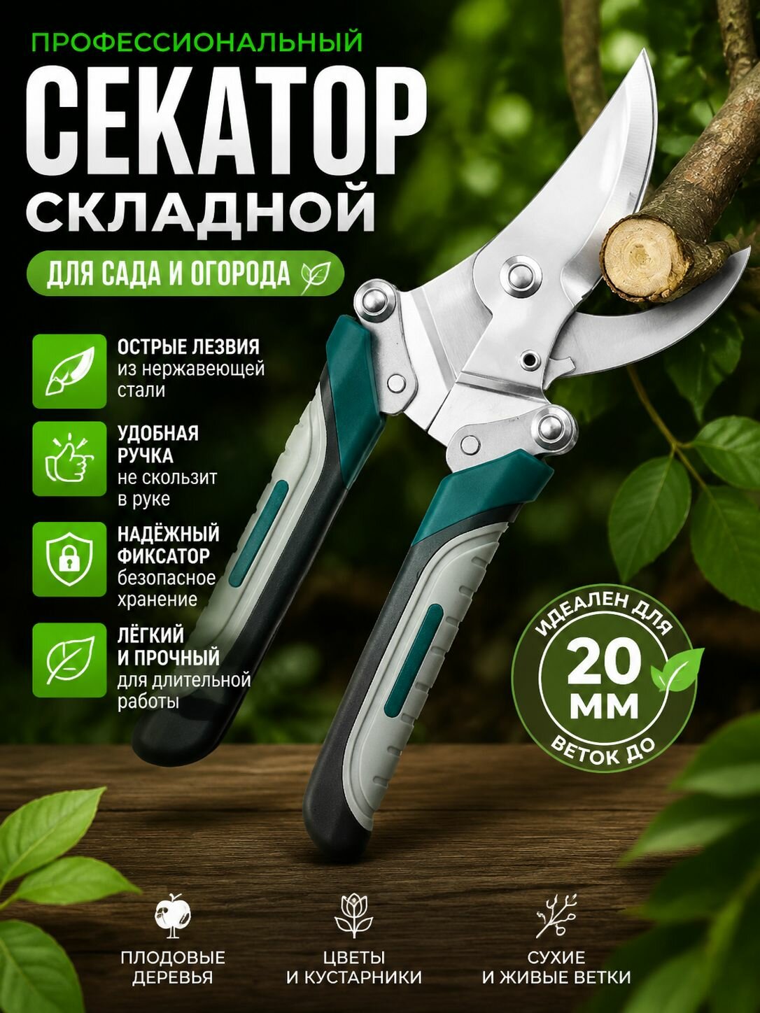 Секатор ручной усиленный для обрезки деревьев, кустов, цветов и сбора фруктов