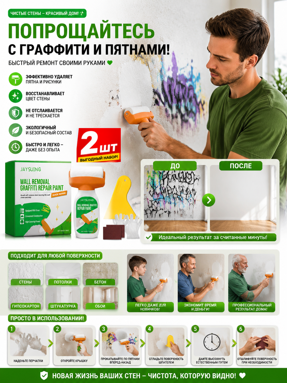 Краска для стен с валиком 500 г (2 шт), устранение граффити и пятен