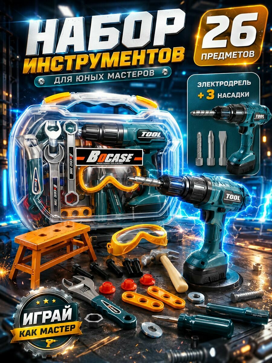 Набор инструментов детский для мальчиков 26 предметов, набор строителя в кейсе