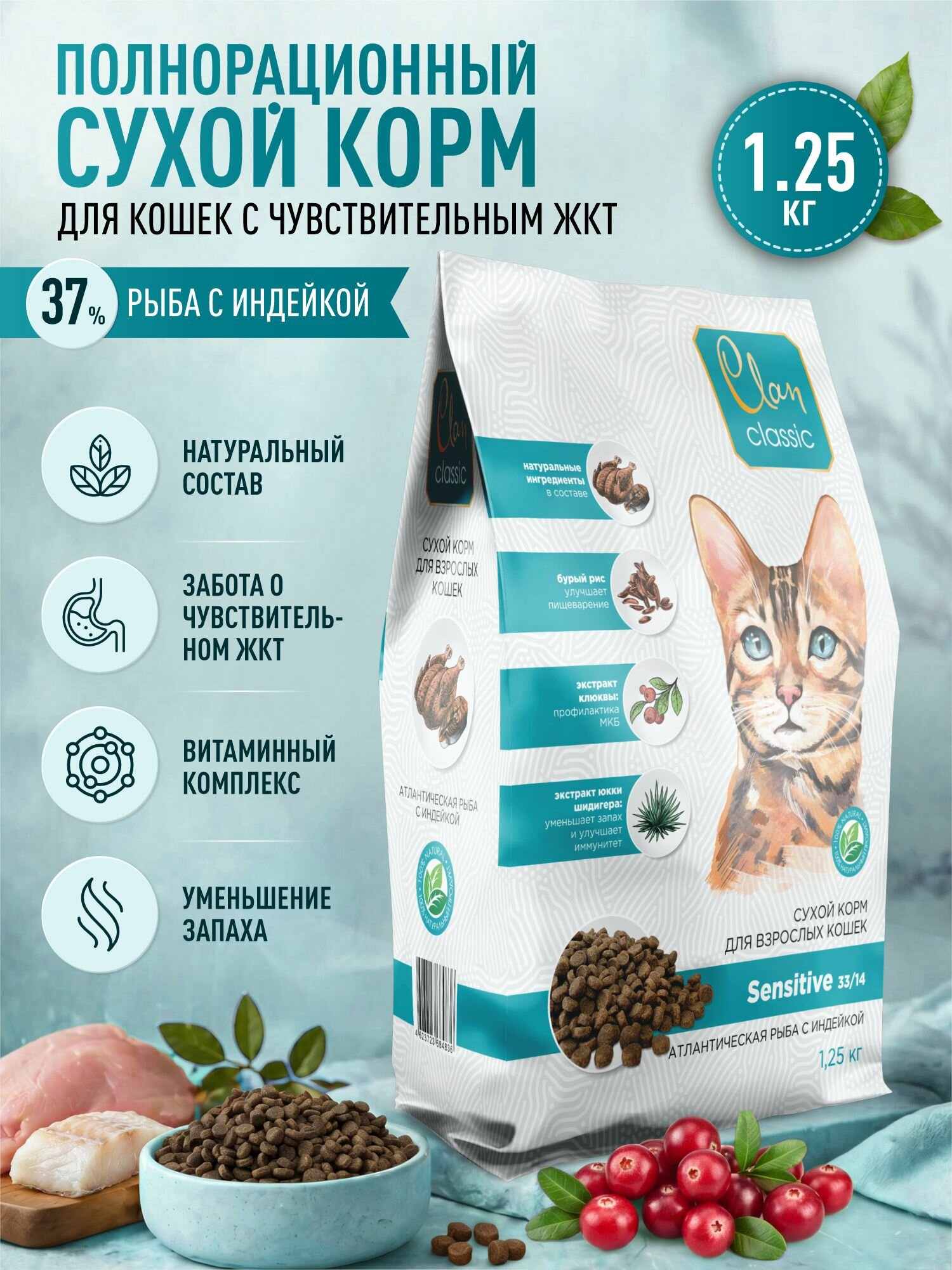 Корм для кошек сухой CLAN Classic Sensitive 33/14 с чувствительным пищеварением, атлантическая рыба и индейка, 1.25кг