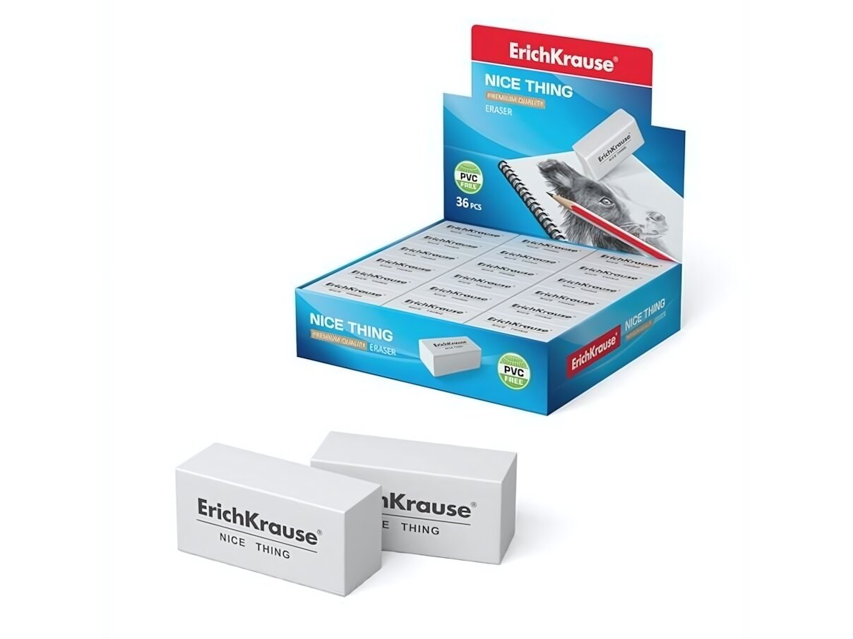 Ластик ErichKrause "Nice Thing" белый, 40х19х15мм, Dust free, без ПВХ, для школы