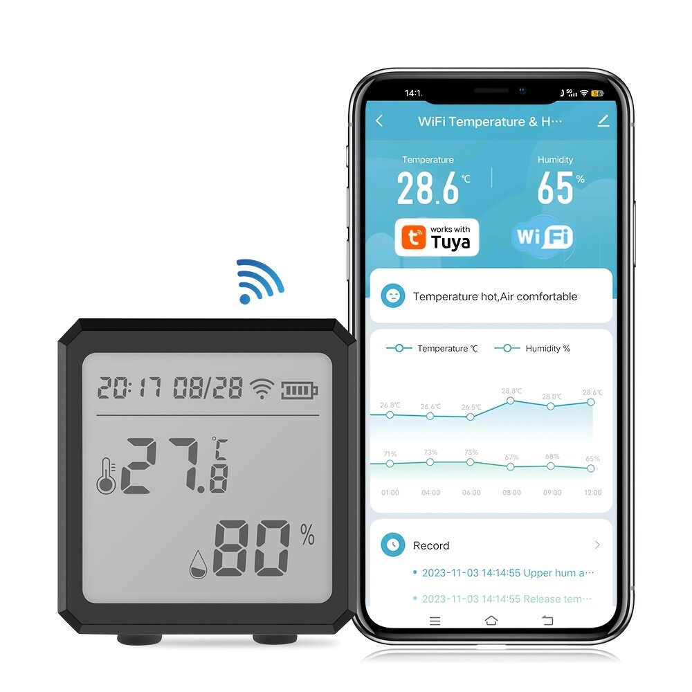 Умный датчик температуры и влажности Wi-Fi, работающий от батареек, с мониторингом через приложение, для Alexa и Google Home, черный