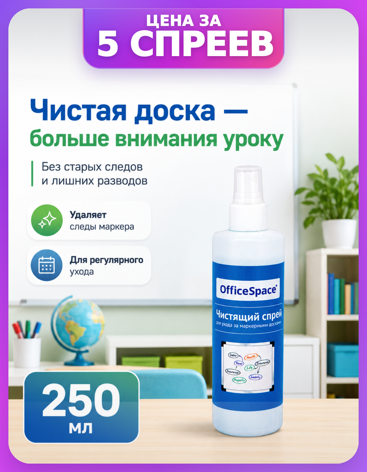 Набор OfficeSpace для ухода за доской 250 мл, 5 шт