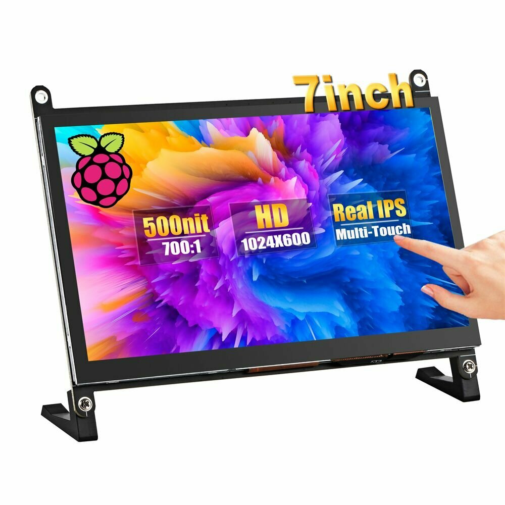 Wisecoco 7" Комплект с системным блоком 7' Сенсорный монитор для Raspberry Pi HDMI IPS HD 1024*600 Мини ЖК-дисплей, 7, черный матовый