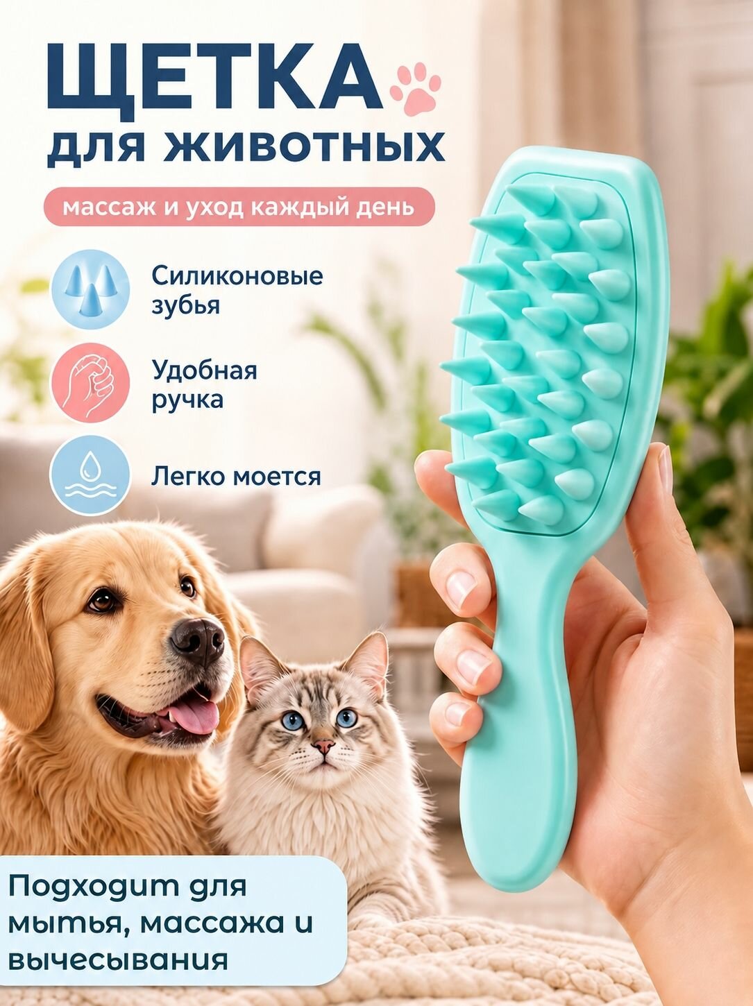 Силиконовая расческа для животных / Щетка для мытья кошек и собак / Щетка для массажа животных /