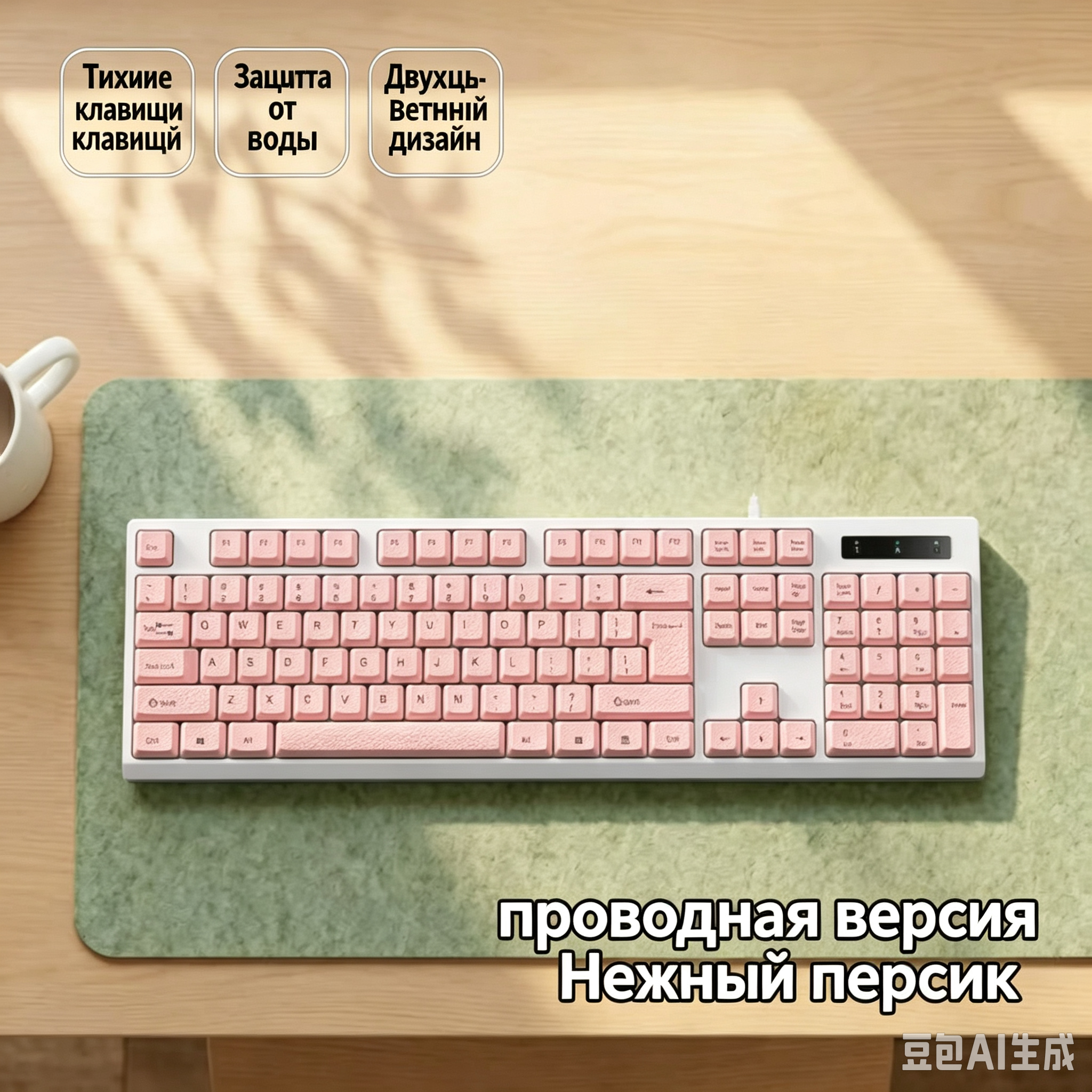 Проводная клавиатура с тихими клавишами, защита от воды и пыли, полноразмерная, розовая