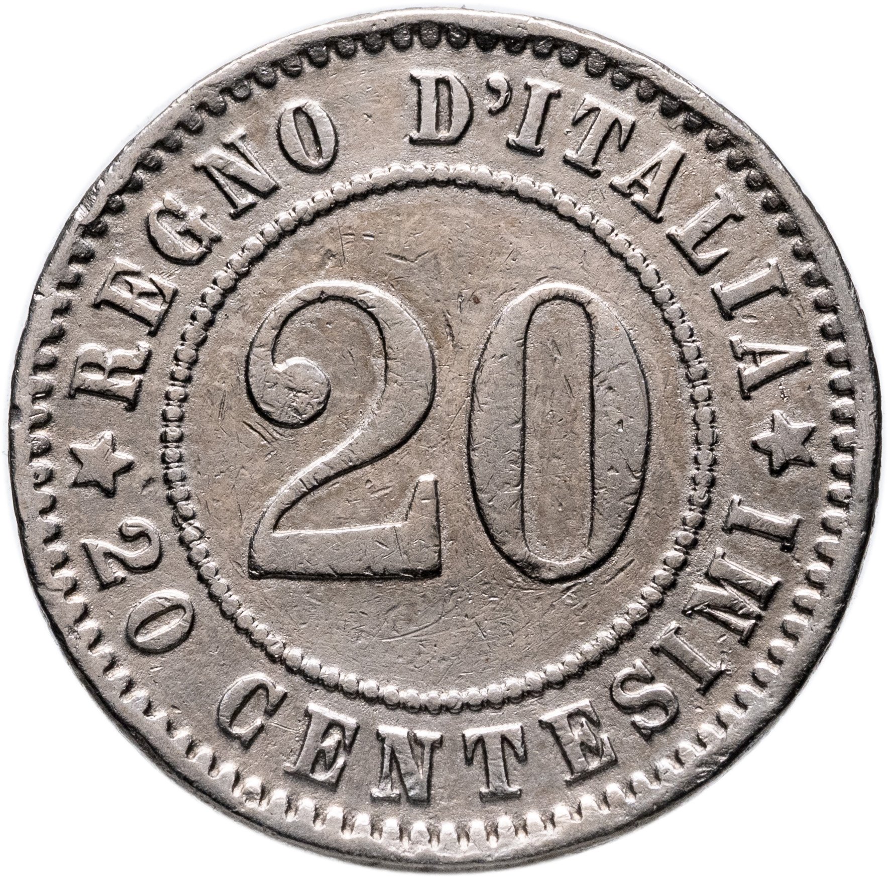 Италия 20 чентезимо centesimi 1894, знак монетного двора "KB" - Берлин, Мельхиор медь-никель, в сохранности VF