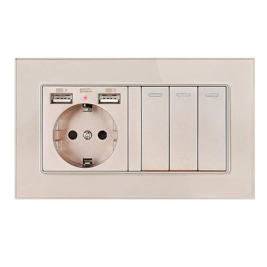 Выключатель механический с розеткой, 2 USB ,1 розетки 3 клавиша ,146mm, золотая закаленное стекло панели