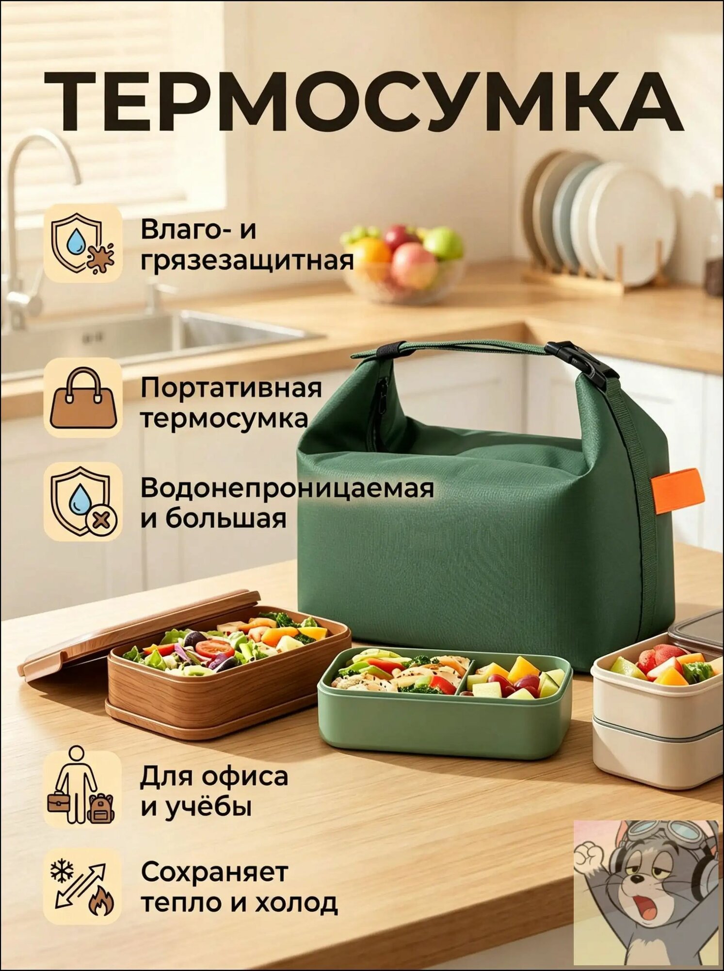 Термосумка для ланч-бокса зеленая, оксфорд, жемчужный хлопок, сохранение тепла4 часа, ручка