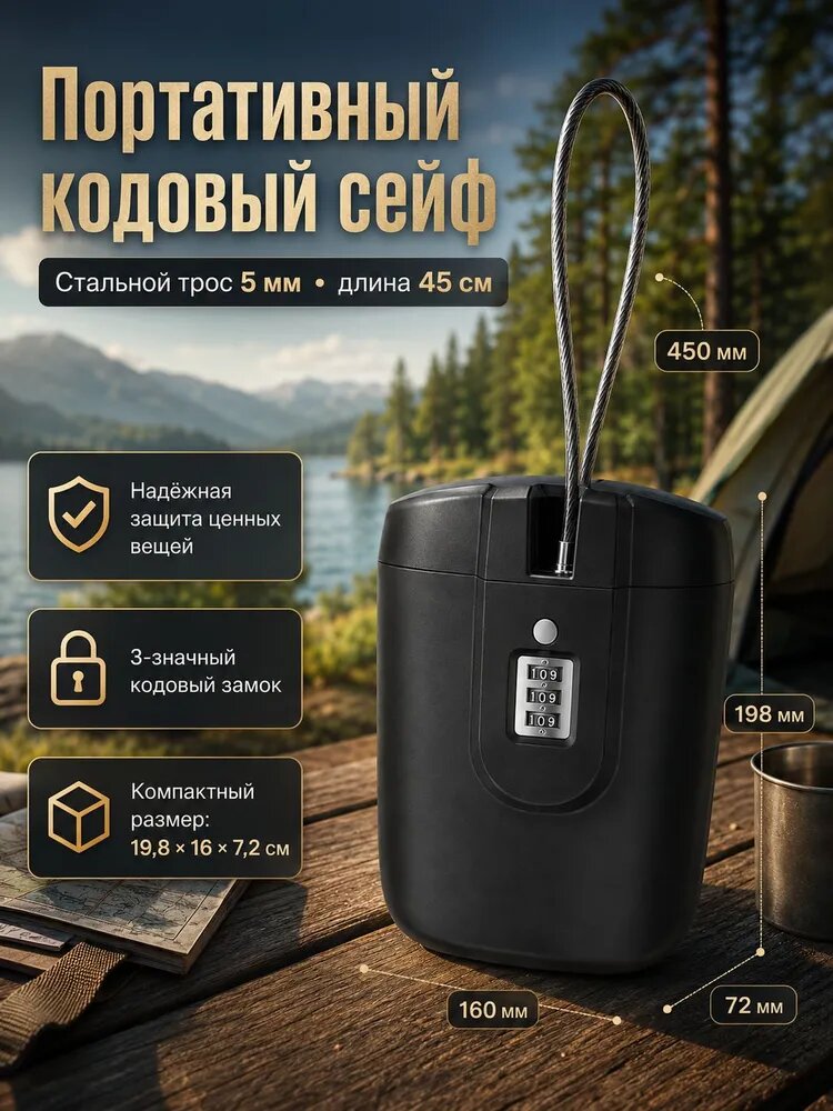 Сейф переносной миниатюрный 2 литра, черный, с кодовым замком и металлическим тросом для пляжа, путешествий и автомобиля