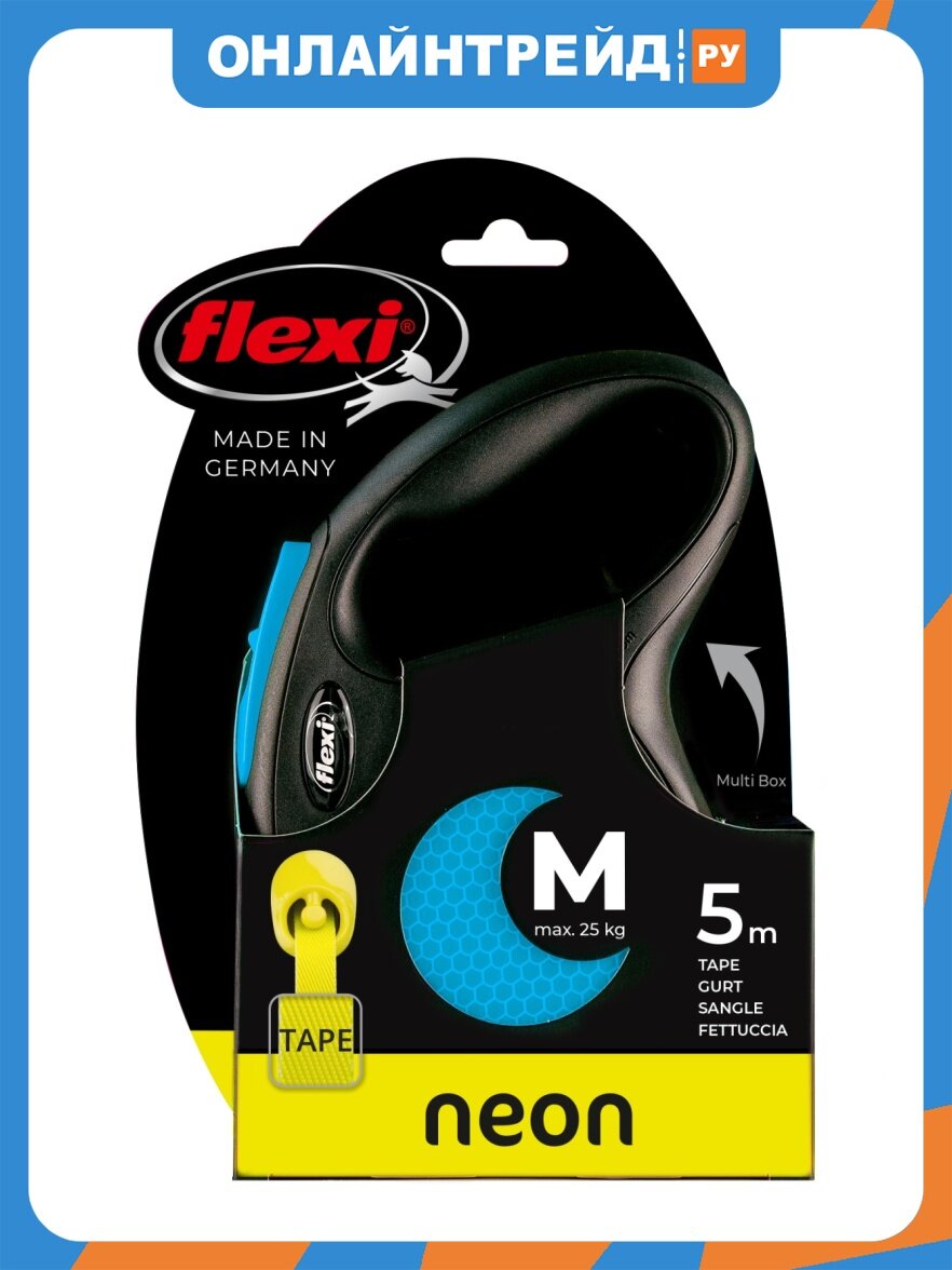 Поводок-рулетка Flexi New Neon tape M, 5 м, 25 кг, синий