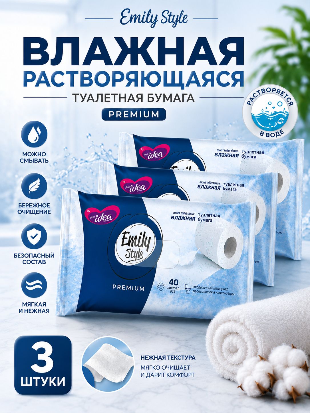 Набор 3 шт Emily Style Влажная растворяющаяся туалетная бумага premium, 40 шт
