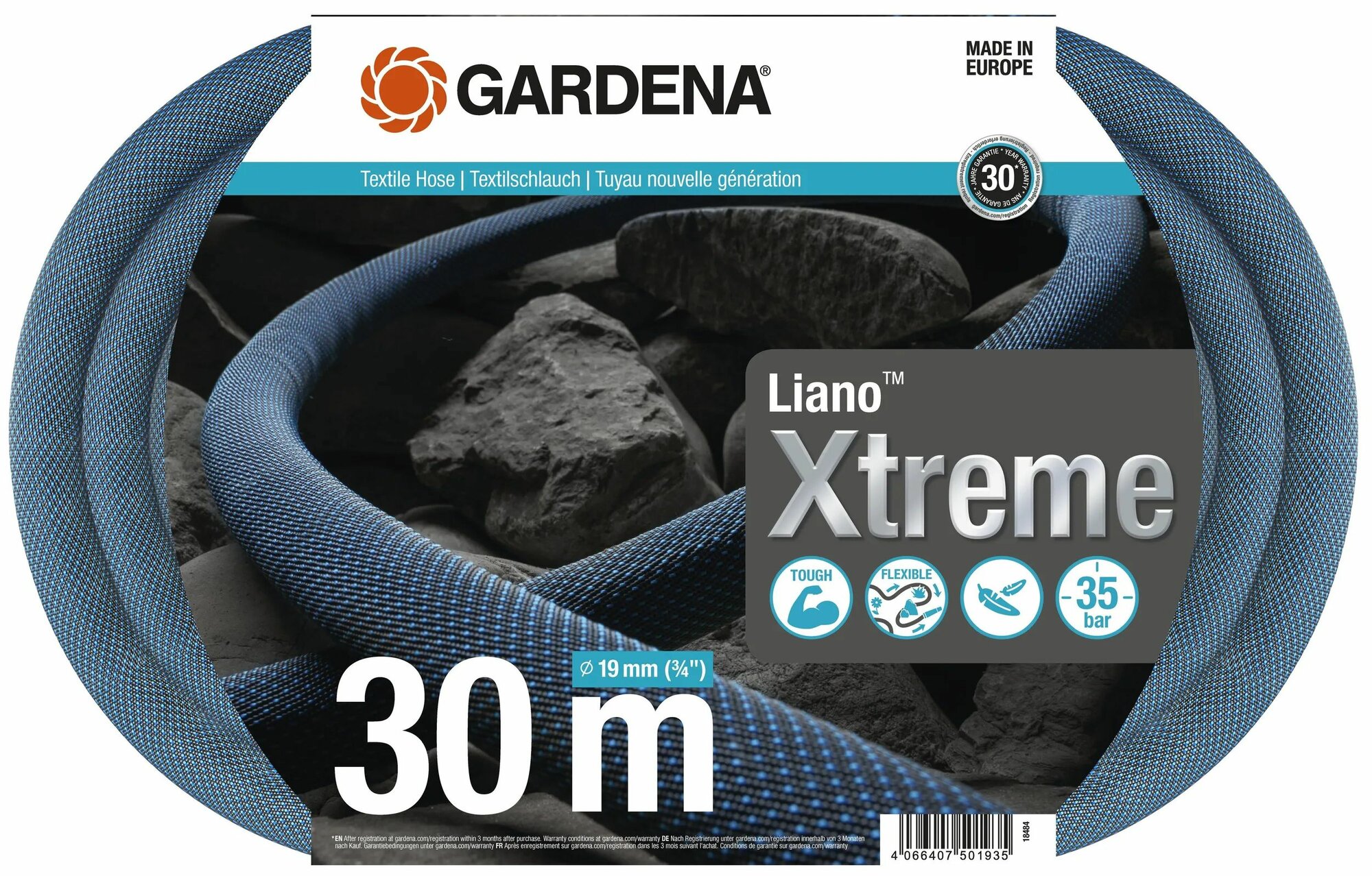 Шланг садовый текстильный Gardena Liano Xtreme 30 м, 3/4" (19 мм), 18484-20