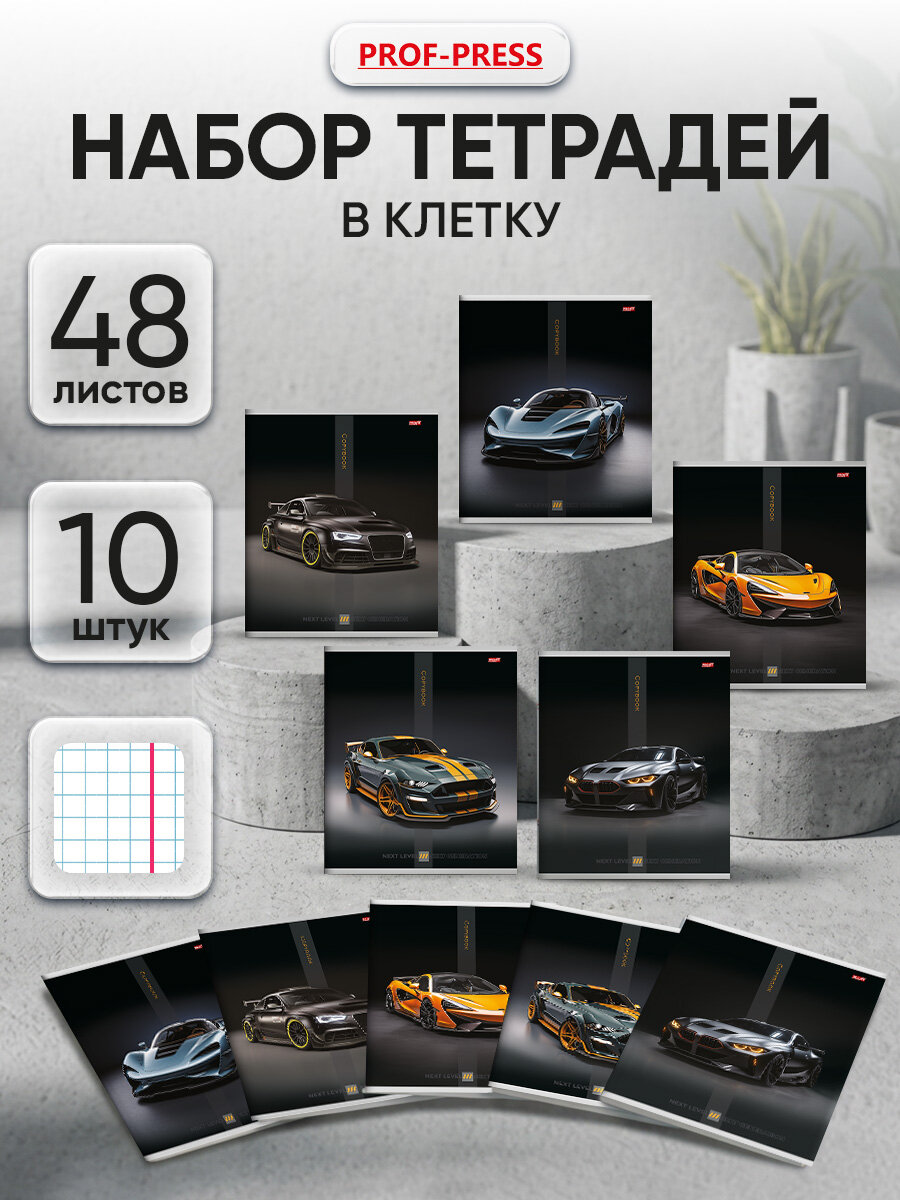 Тетрадь 48 листов в клетку Prof-Press, набор 10 штук