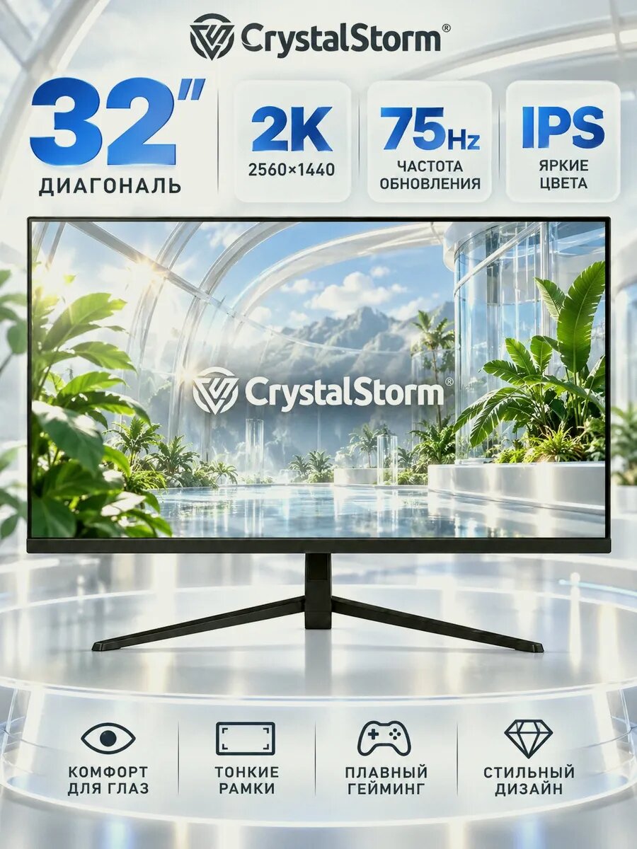 Монитор CrystalStorm, диагональ 32", 2560 x 1440 пикселей, 75Гц, матовый, чёрный