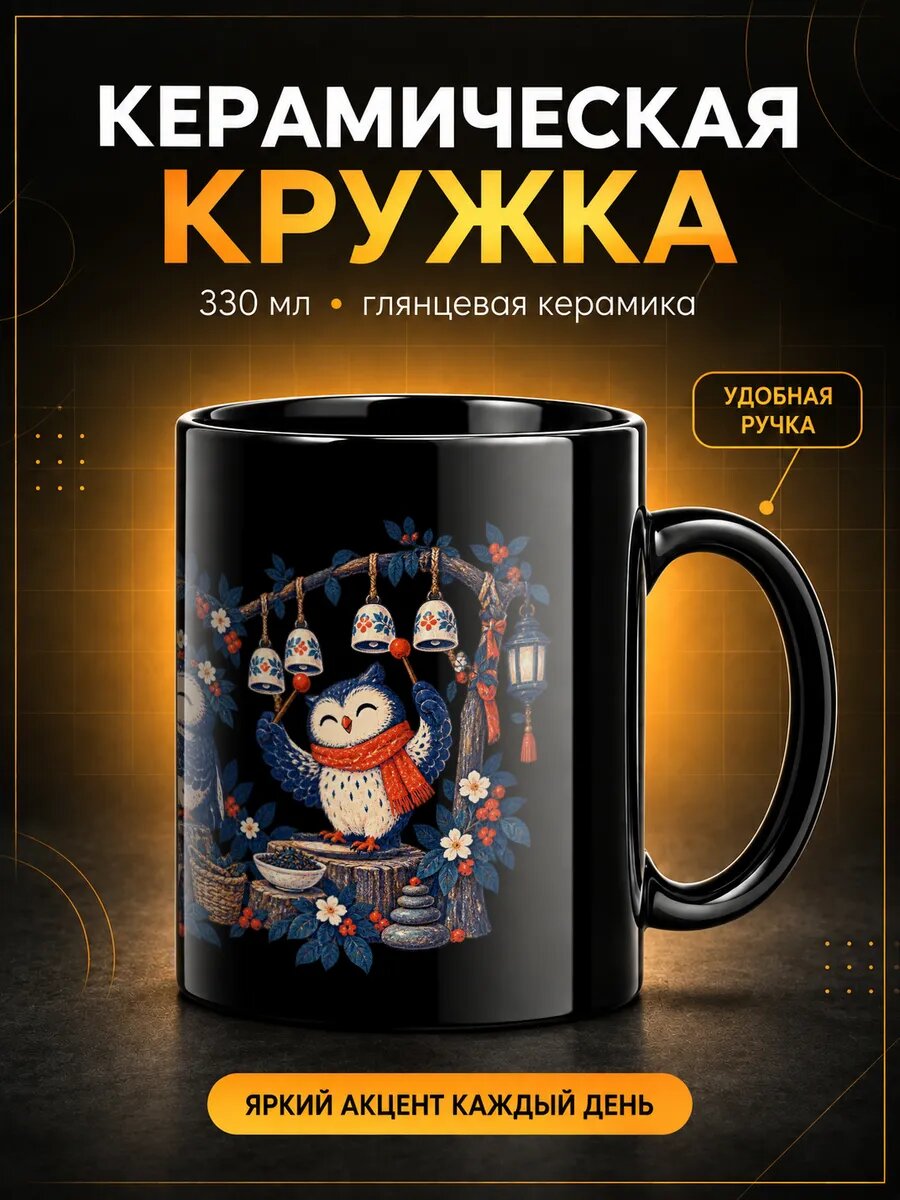 Кружка керамическая TOP CUP, Совиний самоварный оркестр, чёрная, 330 мл