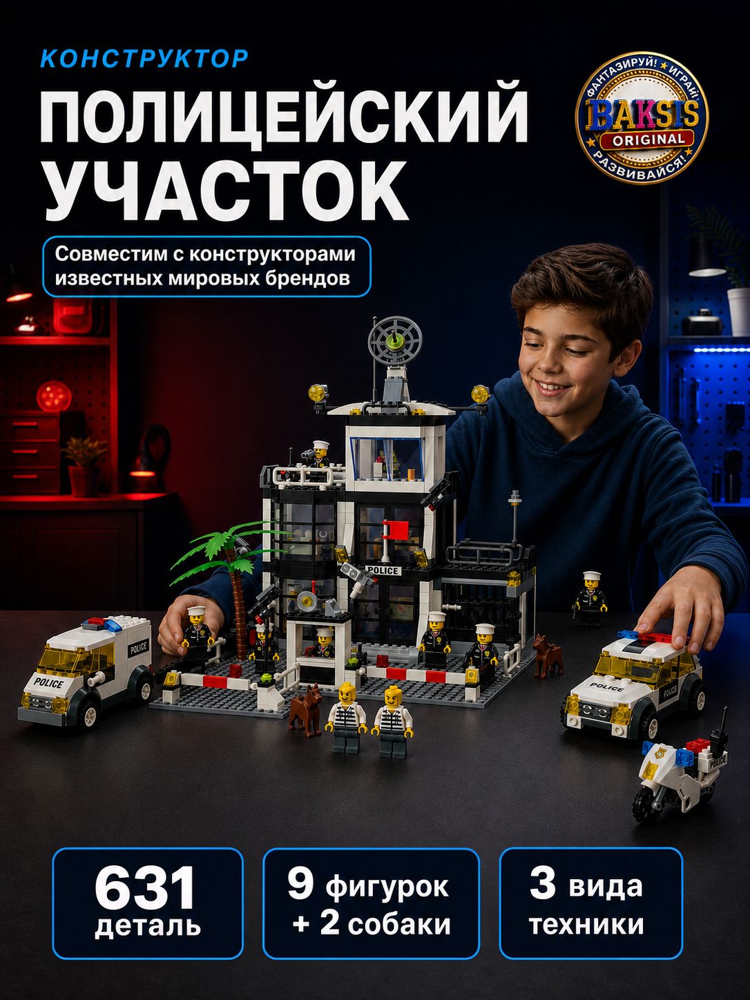 Конструктор для мальчиков Полицейский участок, 631 деталь, 2 варианта сборки, BAKSIS