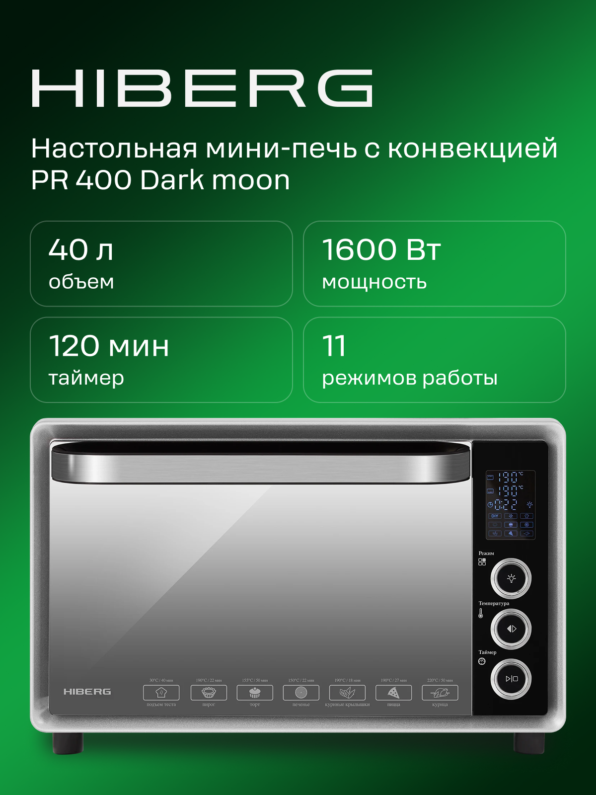 Мини-печь HIBERG PR 400 DARK MOON, 1600 Вт, 40 л, конвекция, гриль, таймер , 11 режимов, черный