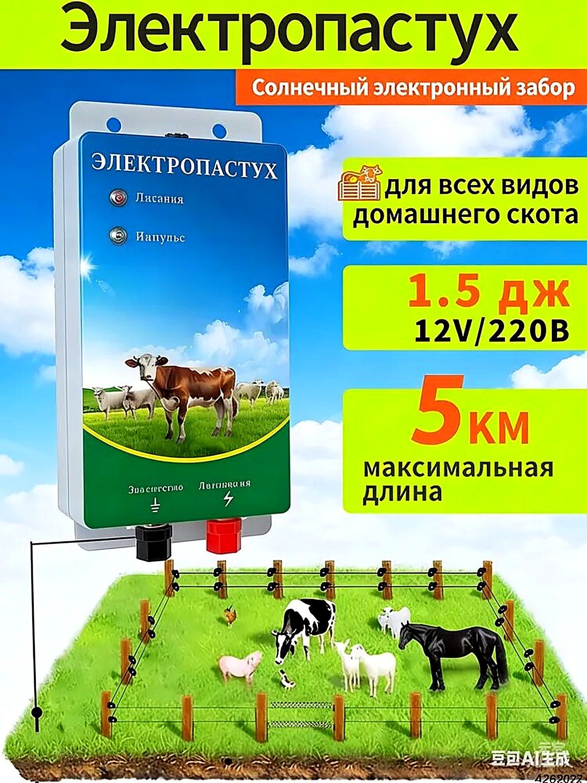 Электропастух 12V/220V. Генератор импульсов 1.5Дж, 8x23.3x19.2 см
