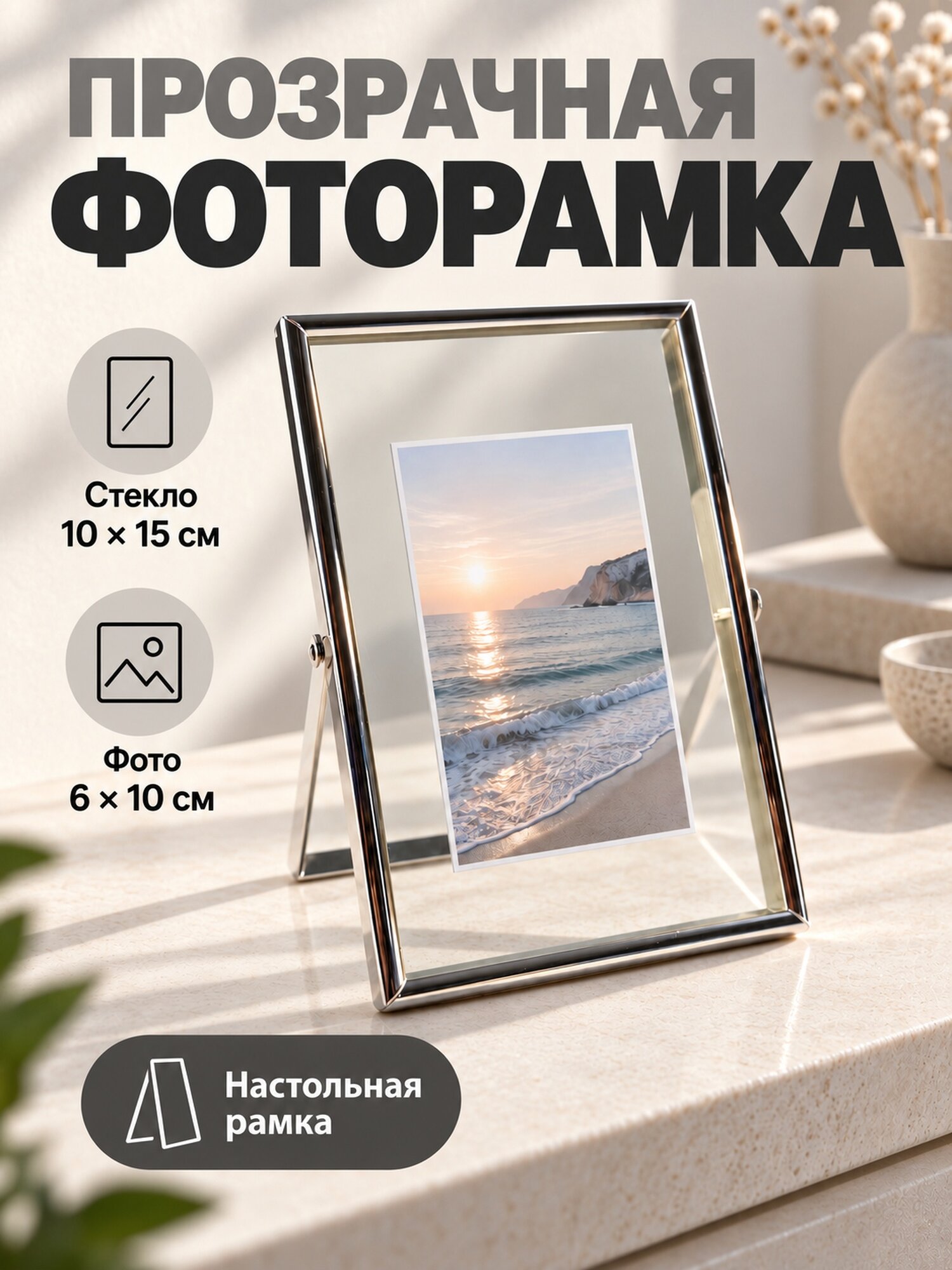Фоторамка серебро 10х15 прозрачная металл/стекло. Manory Domo.