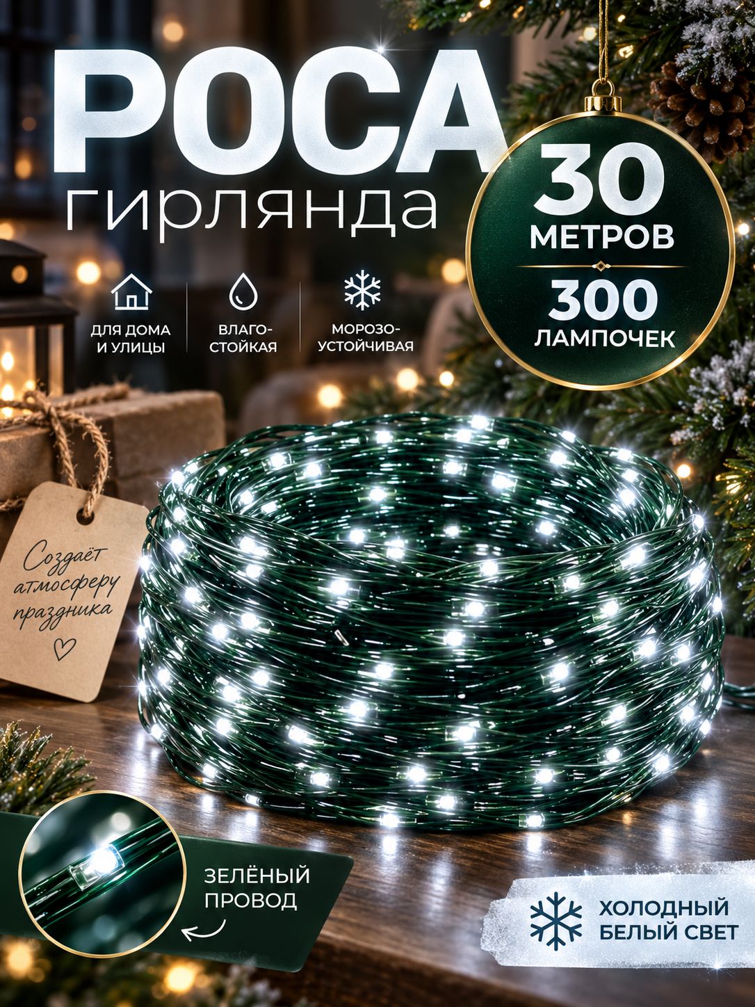 Гирляндыч Электрогирлянда интерьерная Роса светодиодная 300 ламп, 30 м, питание от сети 220в, 1 шт