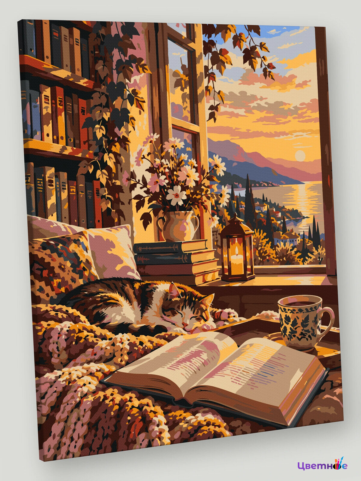 Картина по номерам на холсте с подрамником 40х50 "Книга, котик и вид на берег моря"