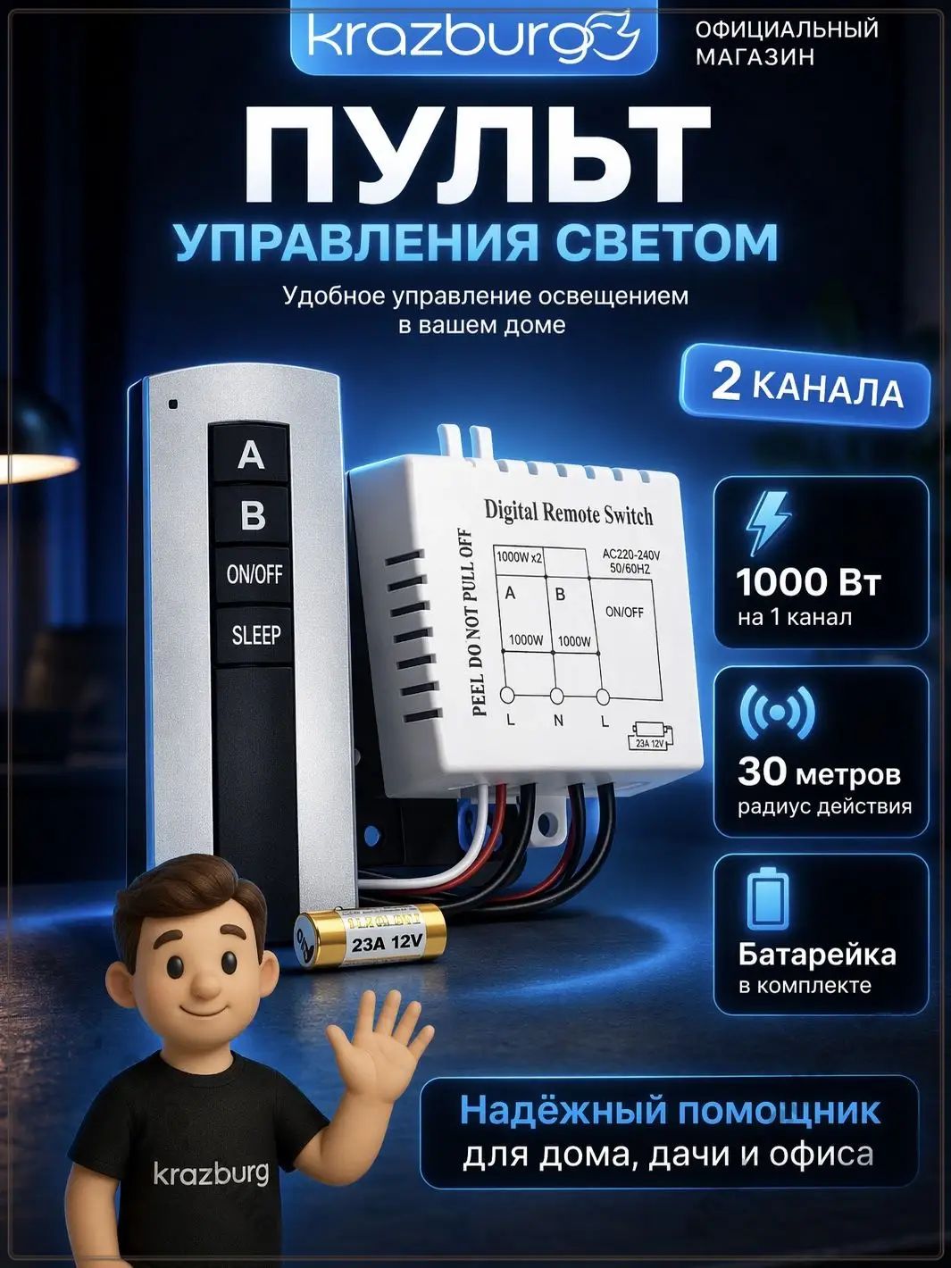 Пульт 2х канальный серый для беспроводного управления светом, мощность 2*1000Вт, комплект пульт + блок
