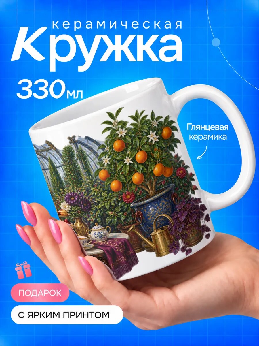 Кружка керамическая TOP CUP, Старинная чайная оранжерея, белая, 330 мл