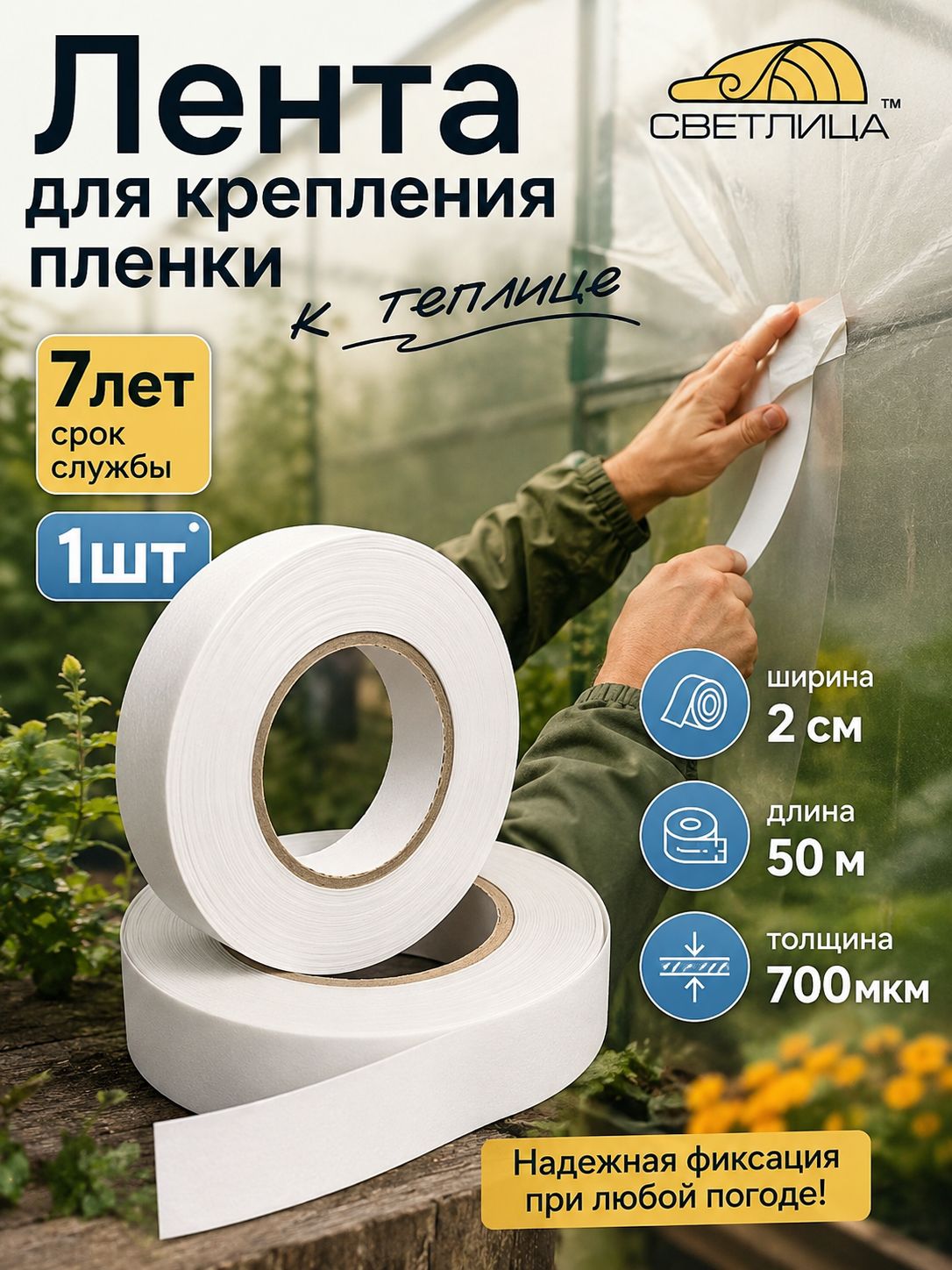 Лента для крепления пленки к теплице Светлица, 2 см * 50 м. Клейкая для фиксации укрывного материала. Ремонт парников