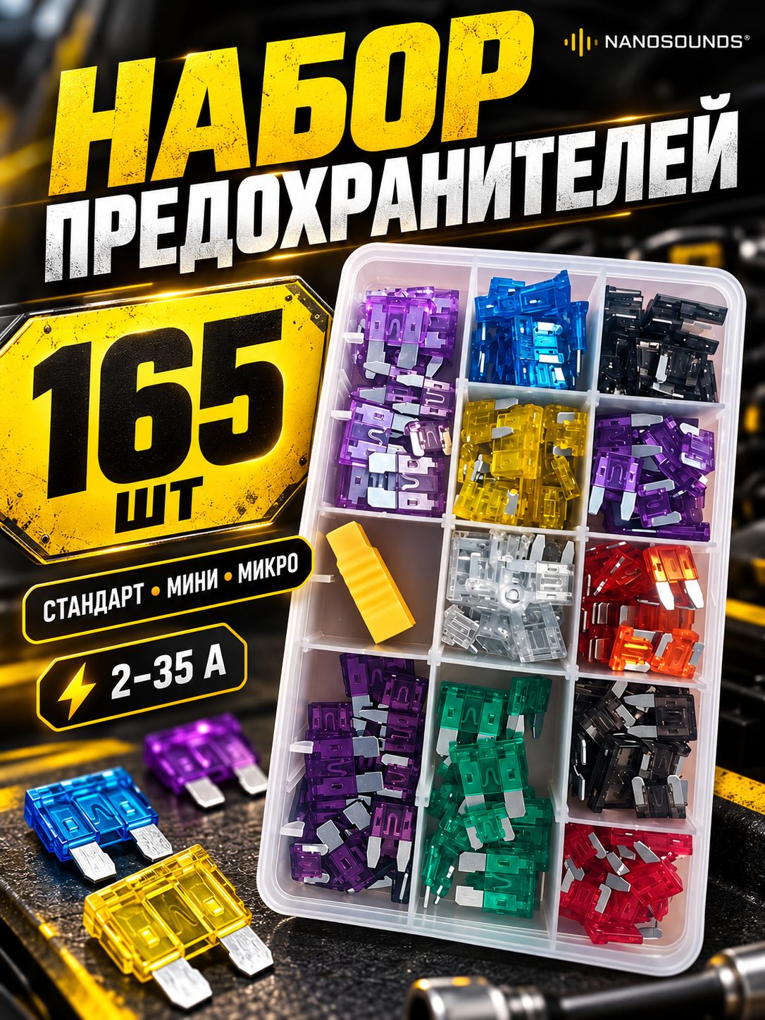 Предохранители для автомобиля набор 165 штук; мини, микро, стандарт
