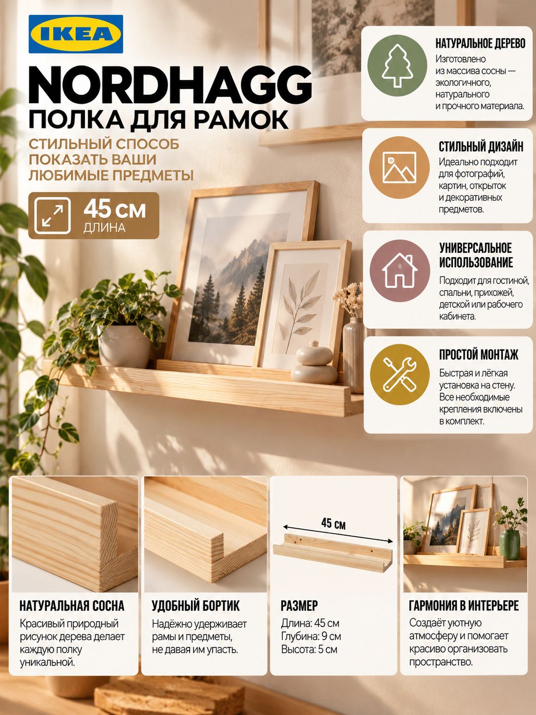 IKEA Полка интерьерная с крючками Настенная Прямая, 45х12х45 см, 1 шт.