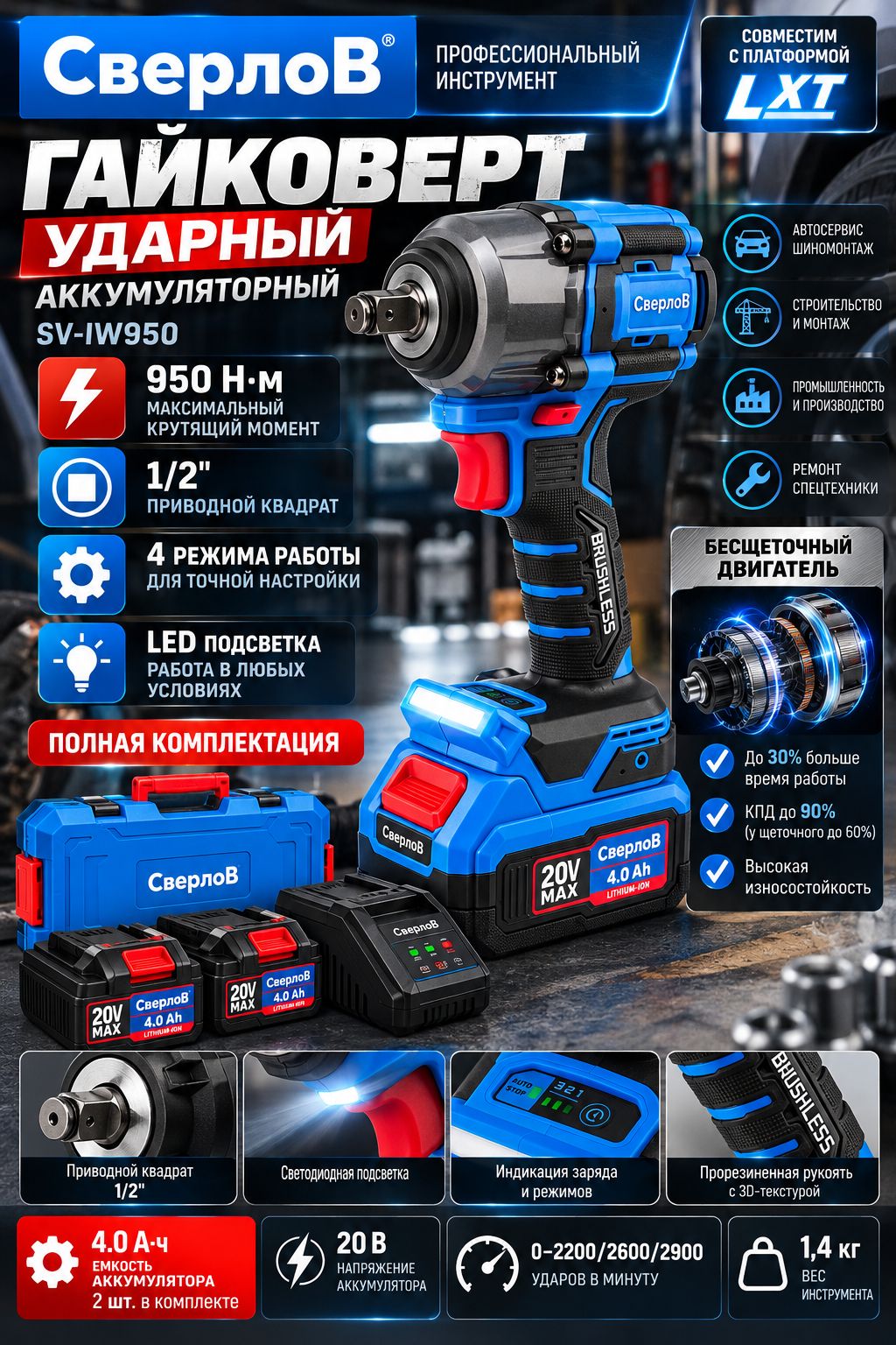 Гайковерт ударный аккумуляторный СверлоВ 1/2", 20В, 2*4 А*ч, 950 Нм SV-IW950