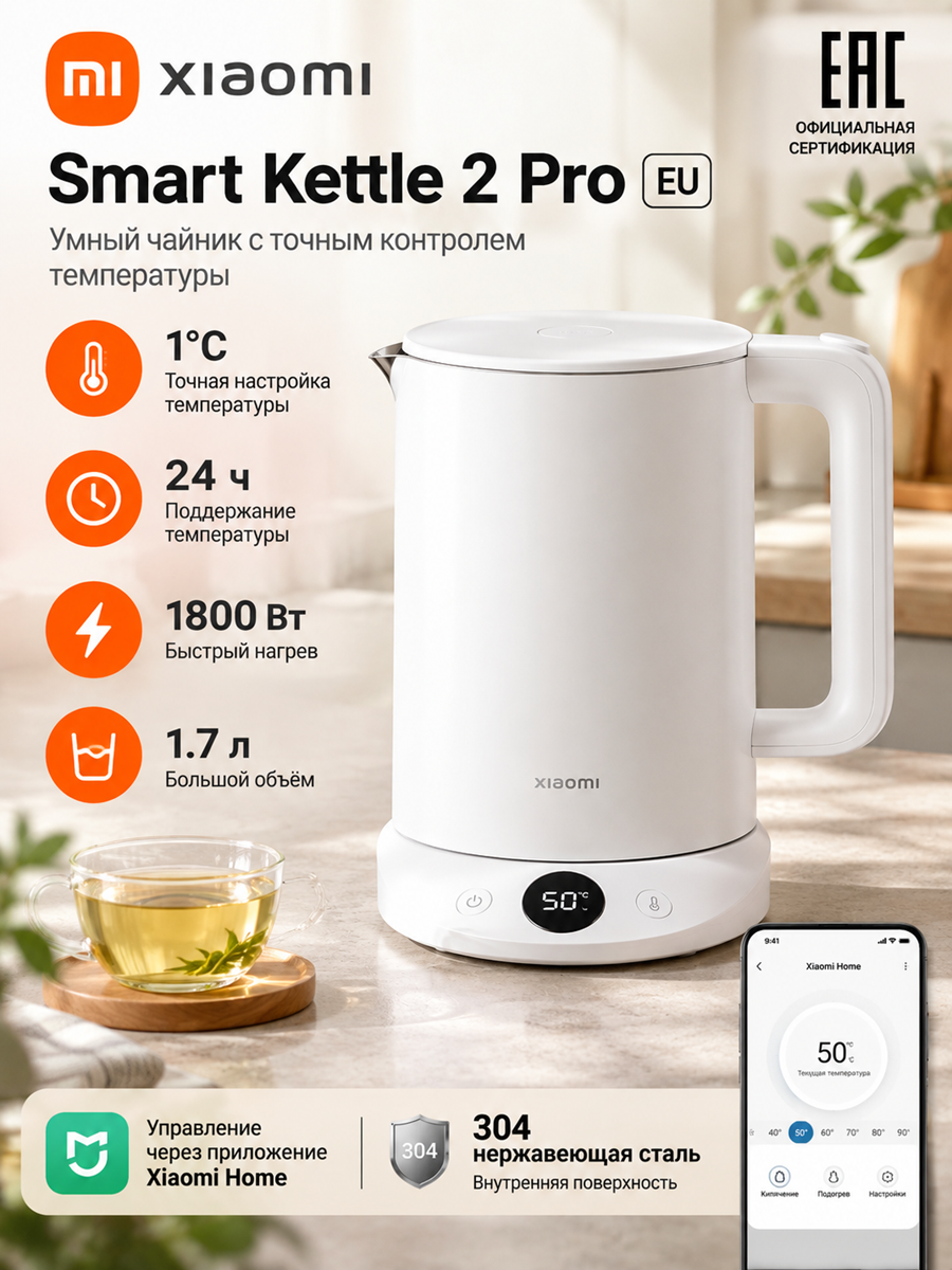 Чайник умный Xiaomi Mijia Thermostatic Kettle 2 Pro (BHR9107EU), Умный термостатический чайник