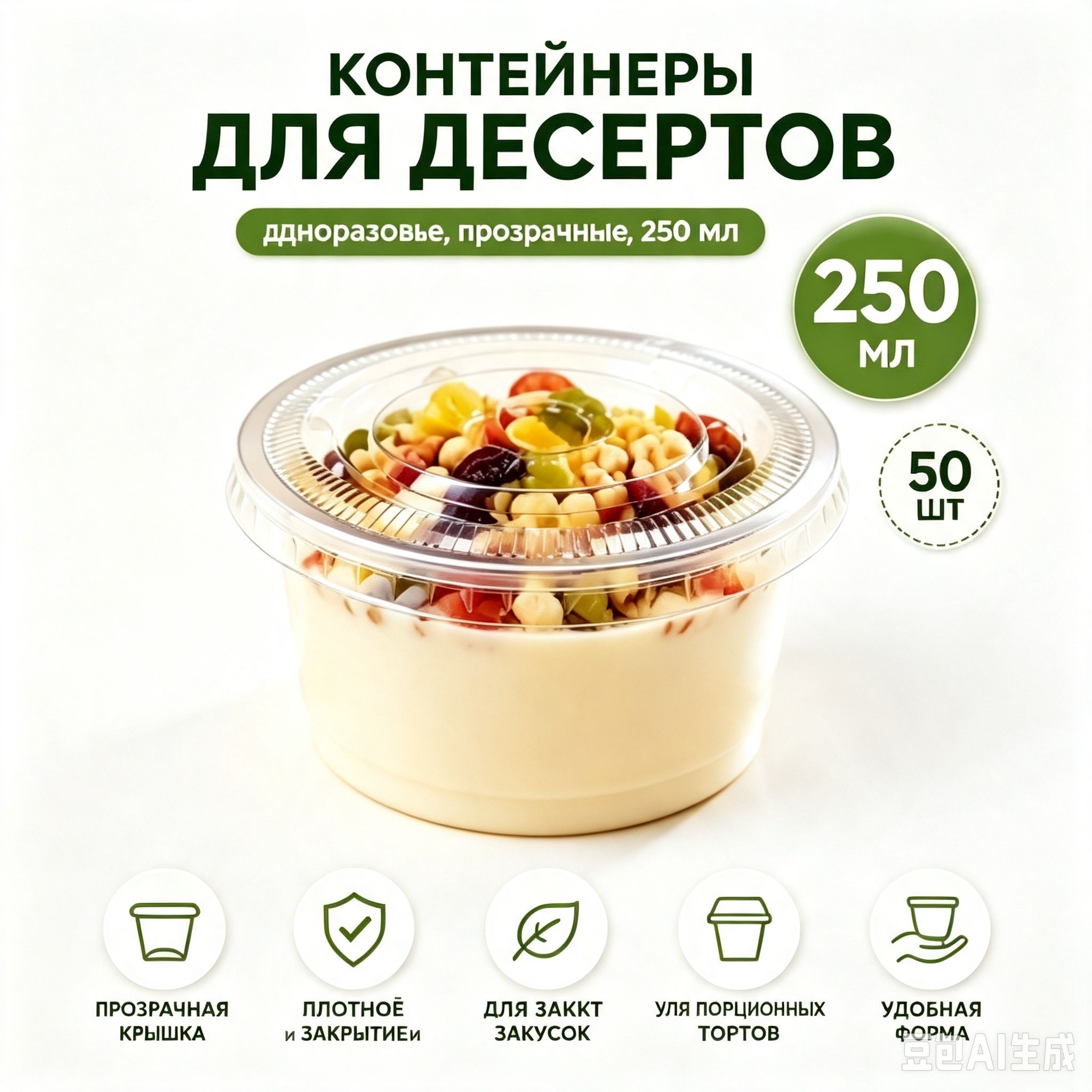 Пластиковые контейнеры 250мл с крышкой 50шт